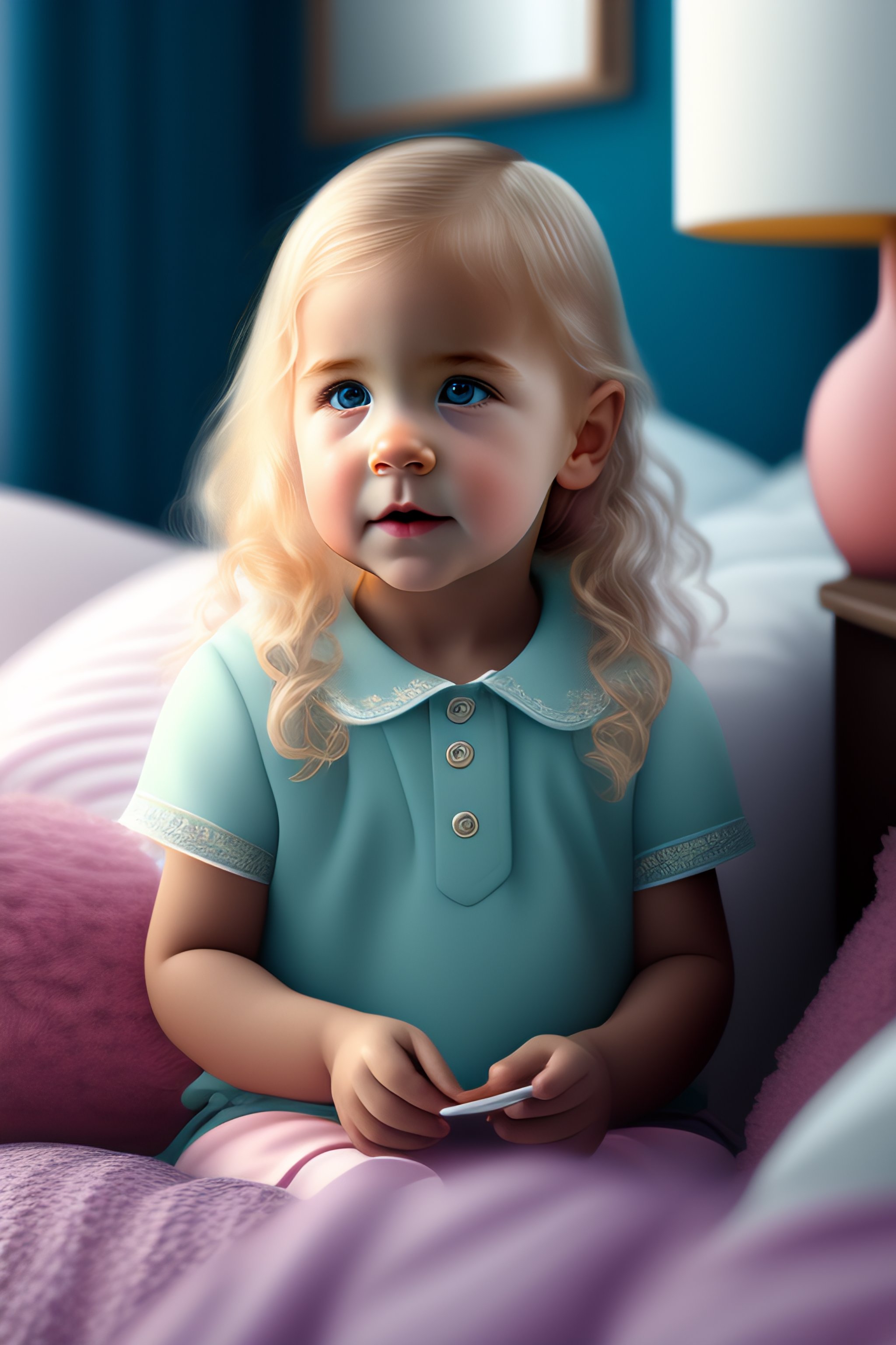 Lexica - 3 year old blonde girl sitting on bed and talking to her ...