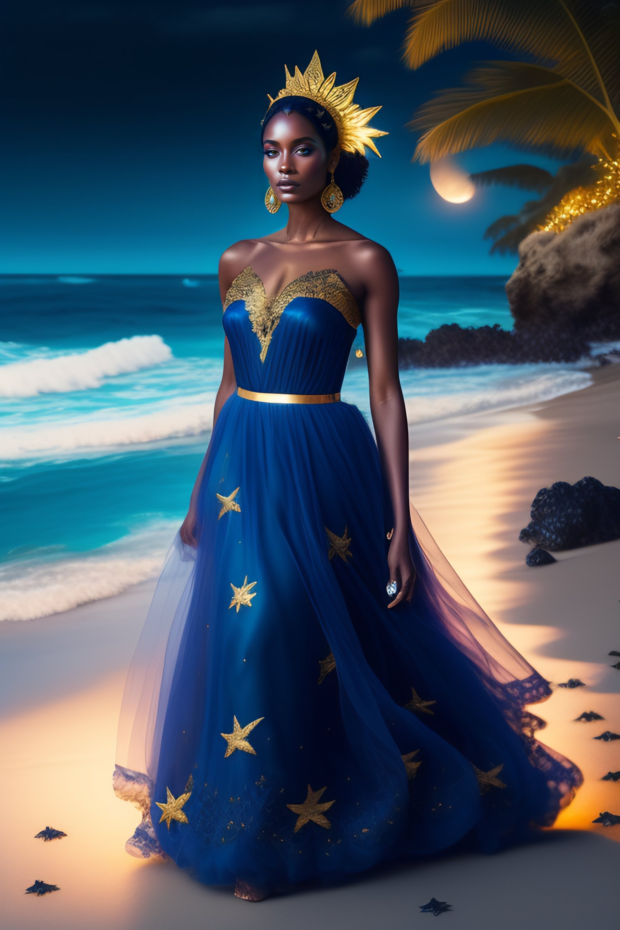 Lexica - Beautiful black princess wearing blue dress with gold crown ...