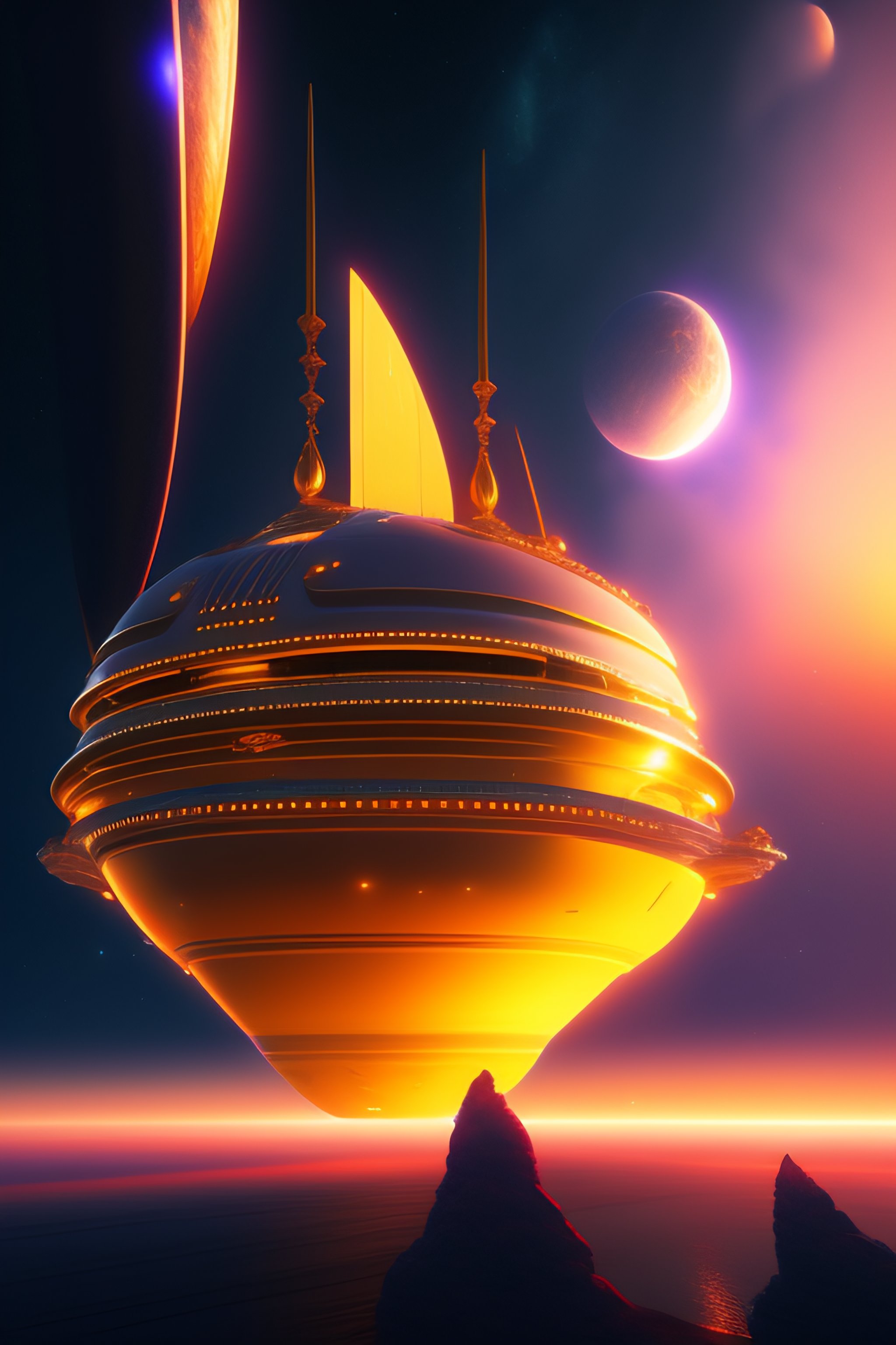 Lexica - Colossal dream ship in outer space, golden hour, fantasy ...