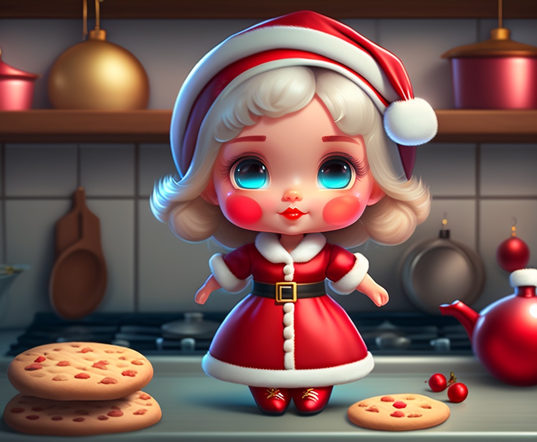 Lexica - Christmas chibi doll w soulful eyes dressed like Mrs. Claus ...