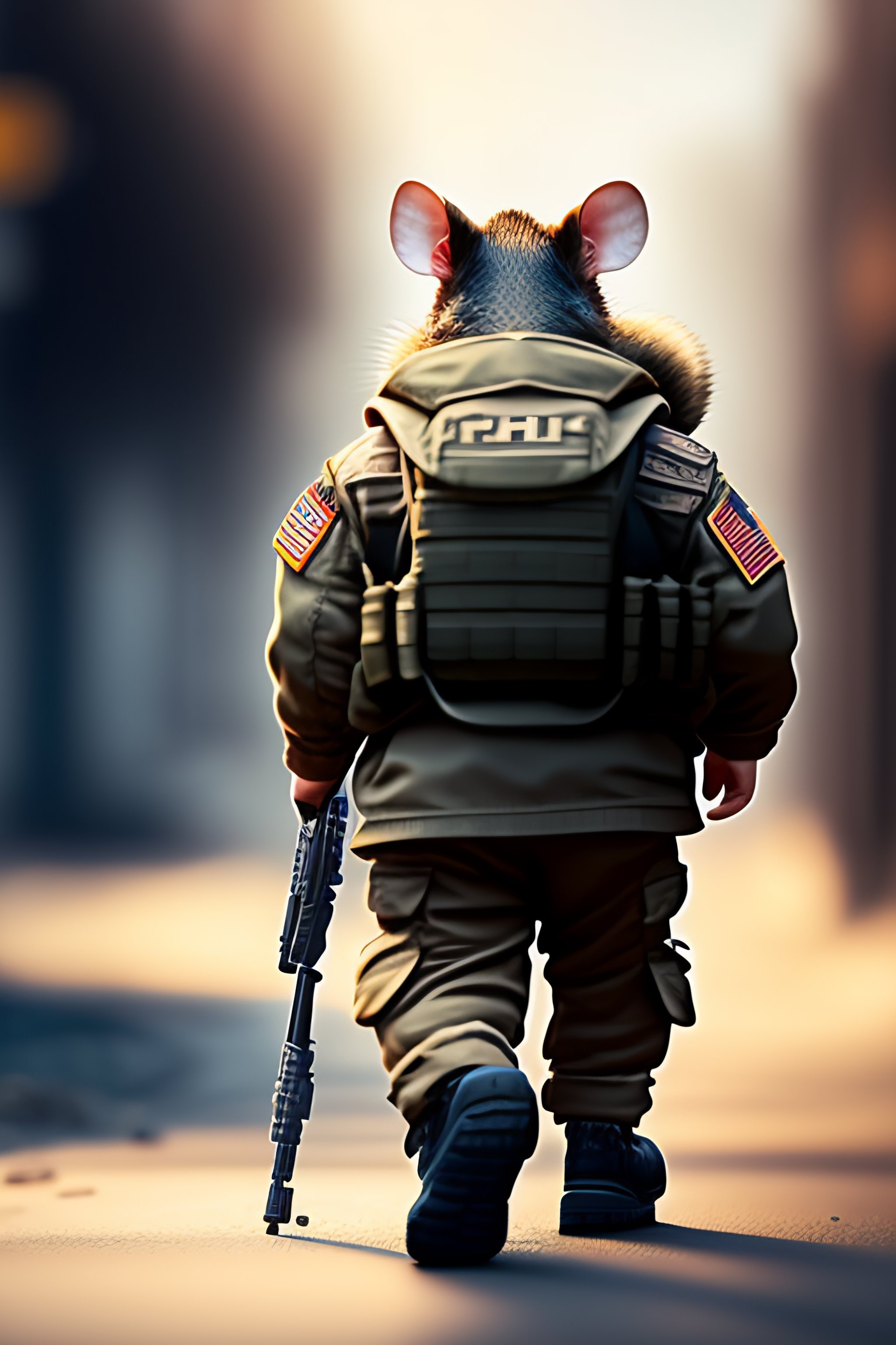 Lexica - A military rat with a machine gun walking with a baby by an ...