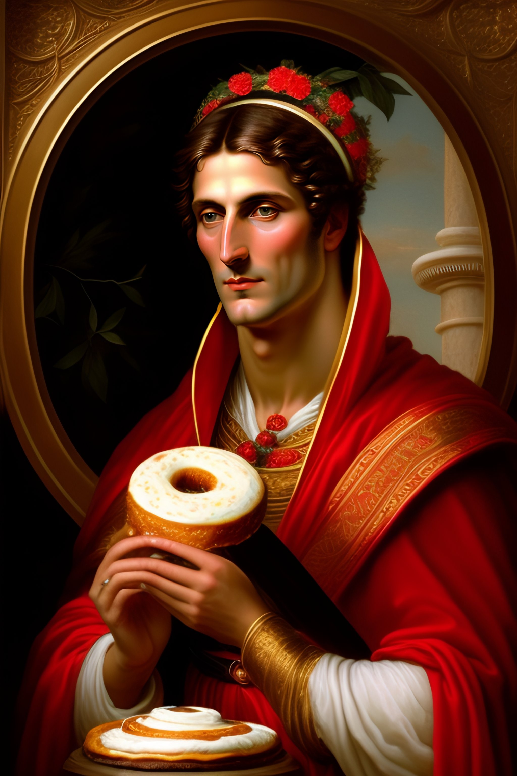 Lexica - Dante Alighieri eating a cinnamon roll and wearing a Laurel wreath