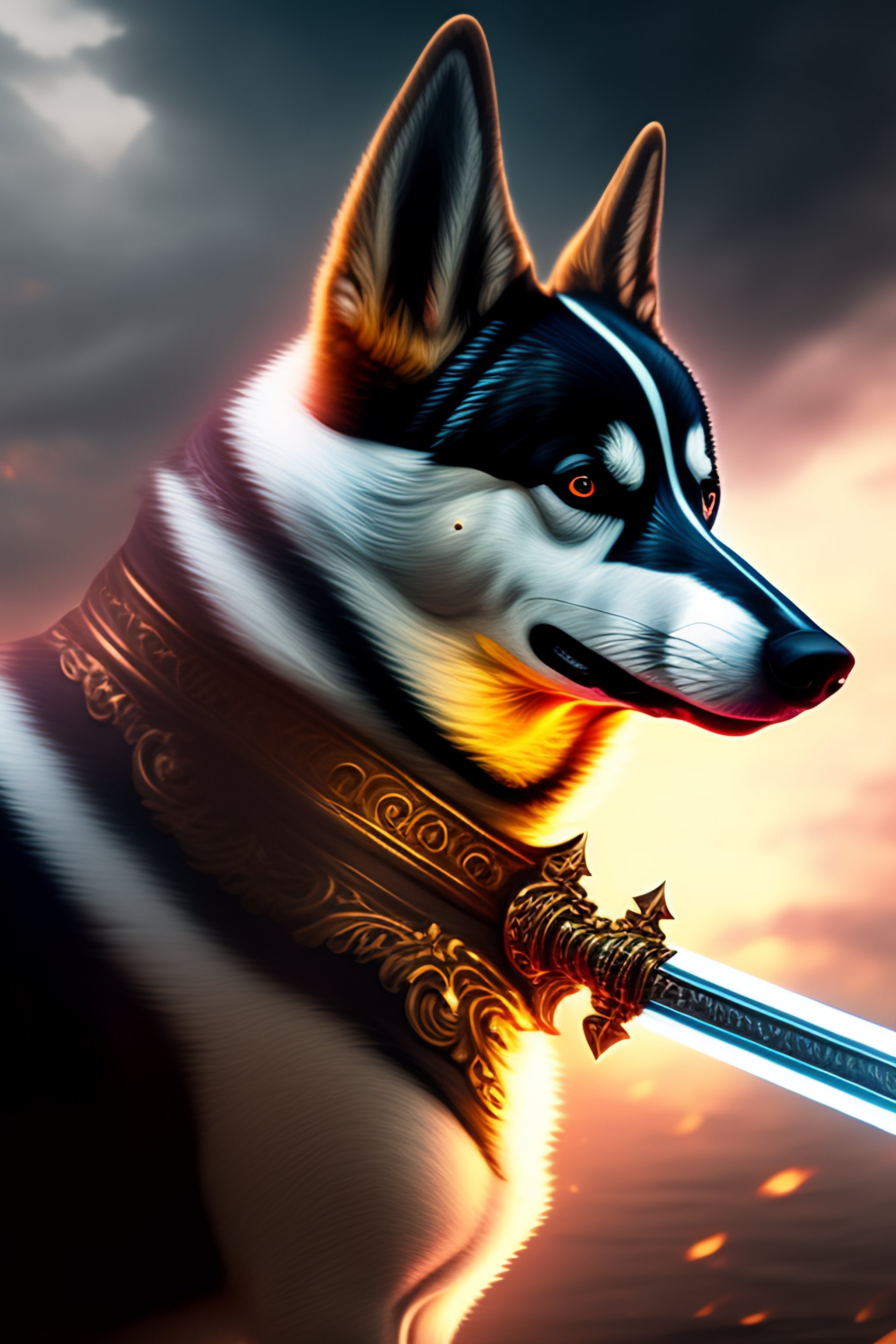 Lexica - A Doge Crusader holding a magic sword.