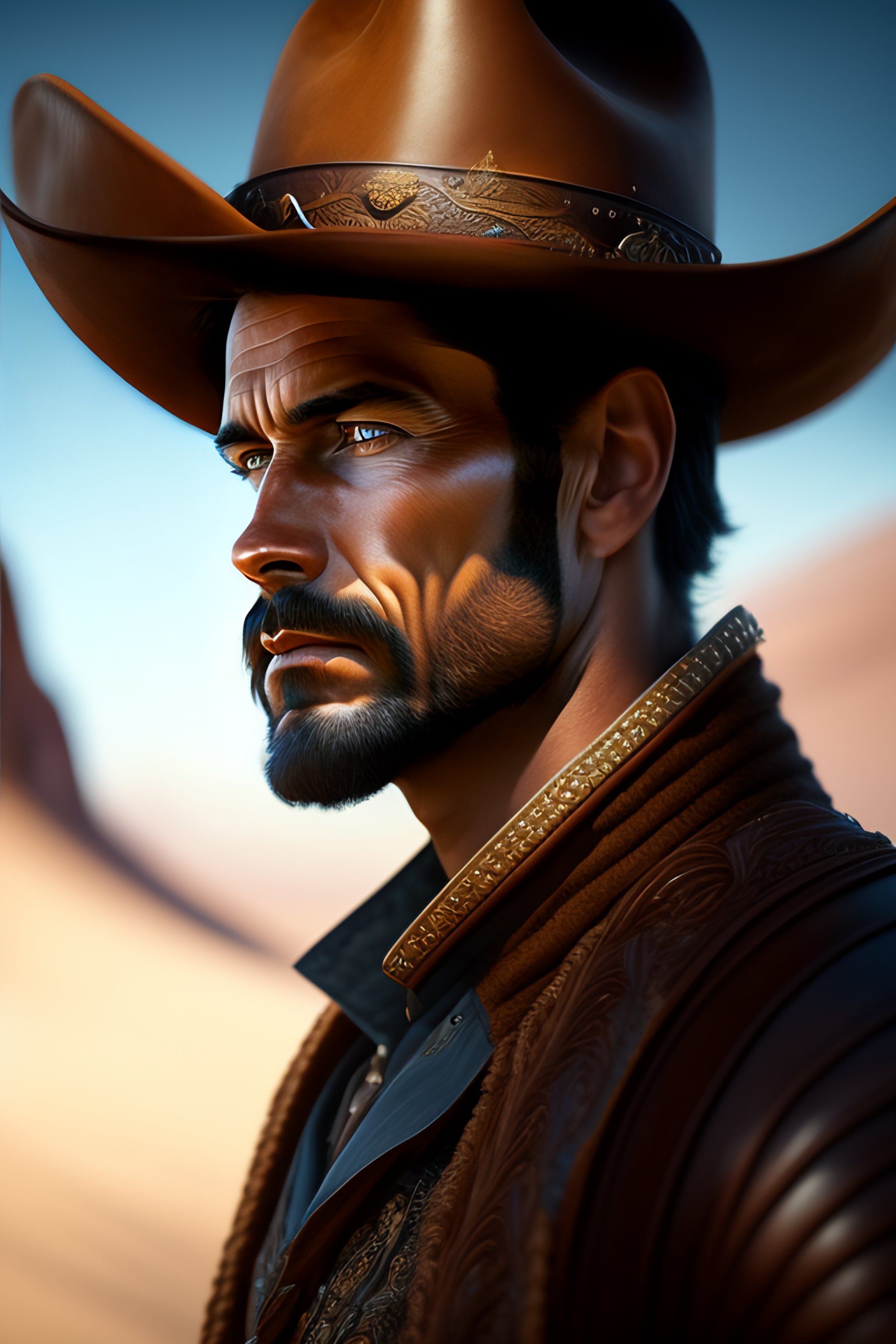 Lexica - Closeup portrait shot of a western cowboy in a scenic western ...