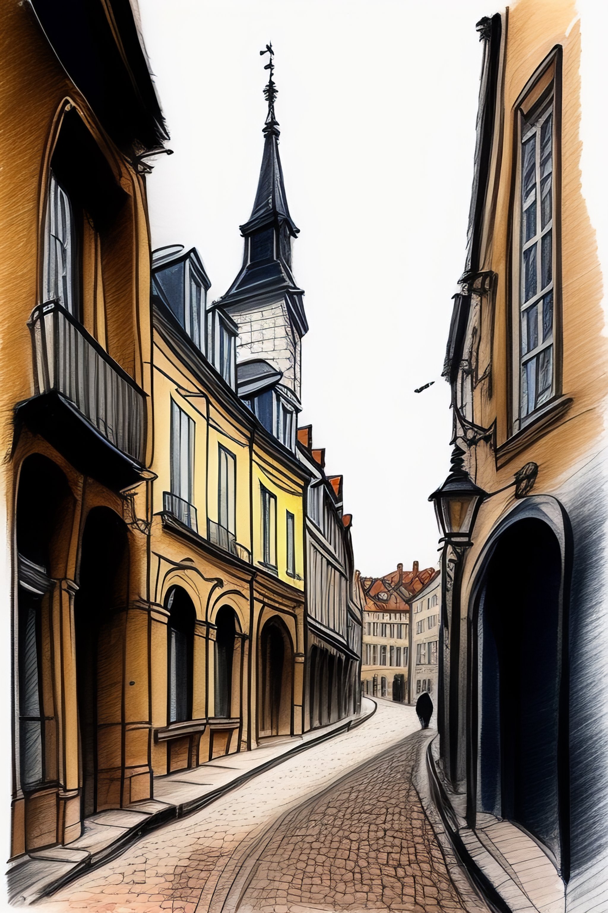 Lexica - A beautiful hand drawing quick sketch of a small street in the ...