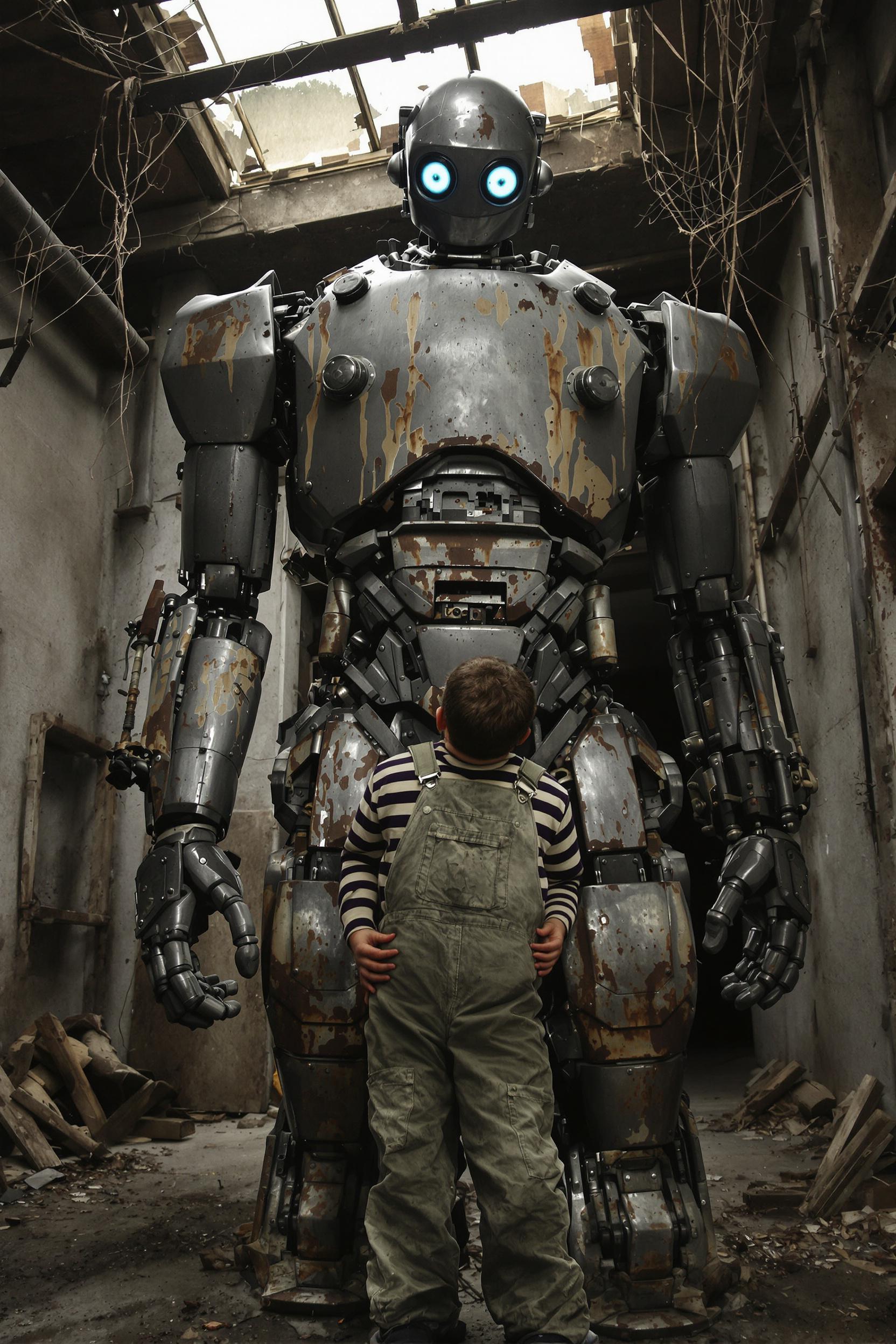 Lexica - 4-year-old boy, with a huge old and rusty robot, hugging. Dark ...