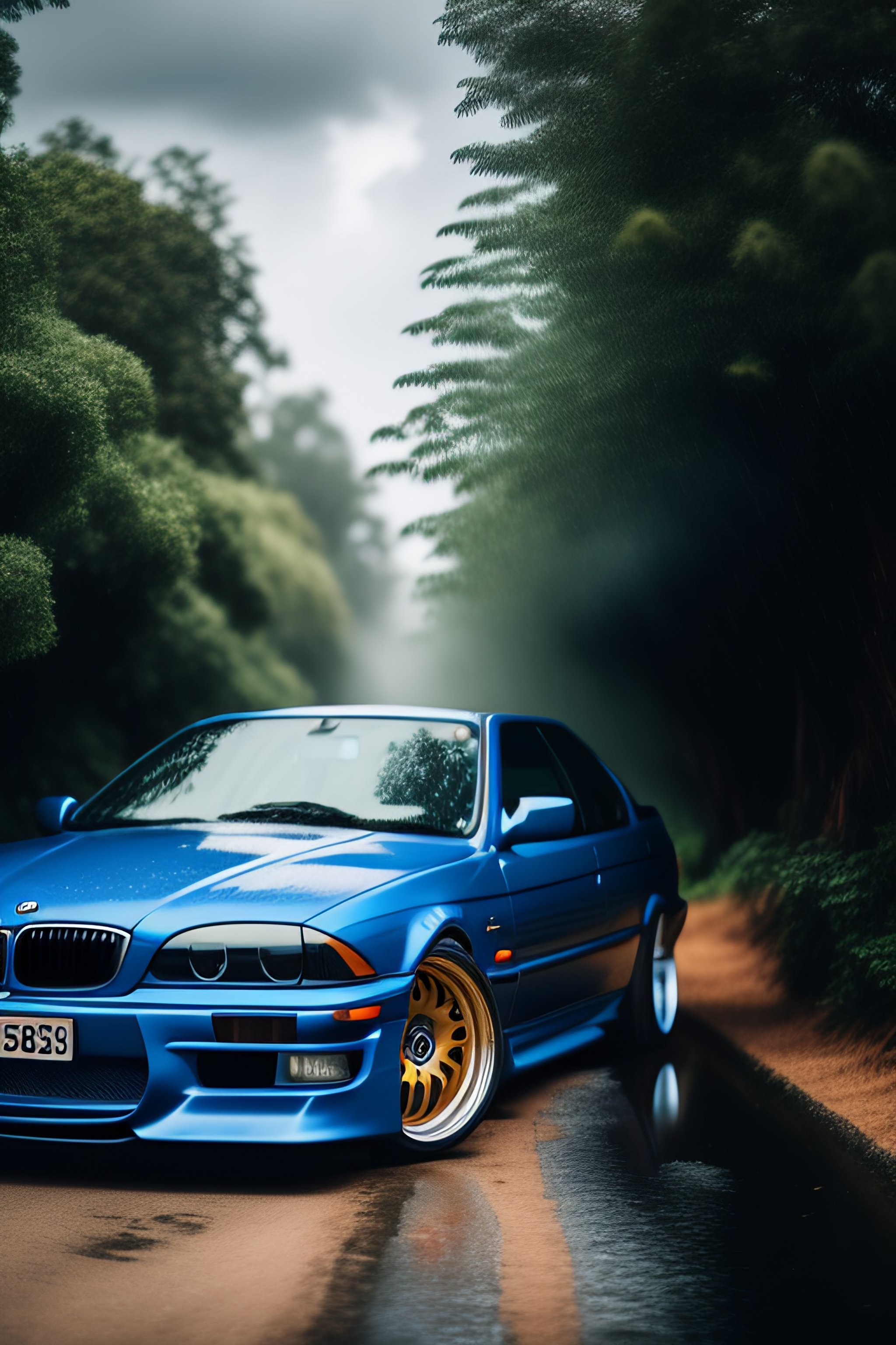 Lexica - A modified blue BMW e39 parked in a road with trees, rainy ...