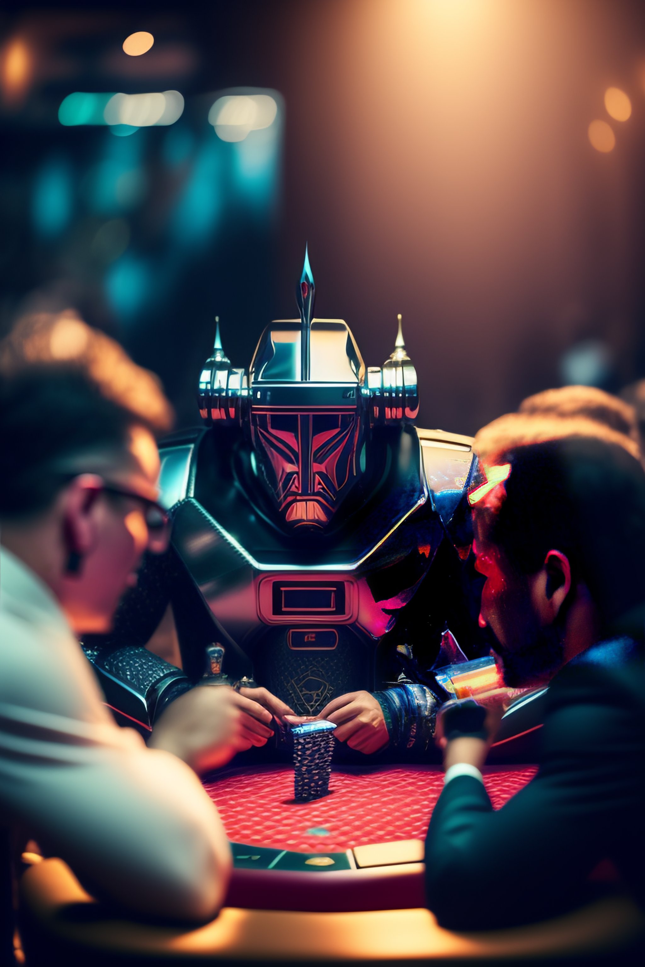 Lexica - Card dealer with half robot face At a poker table frontview ...
