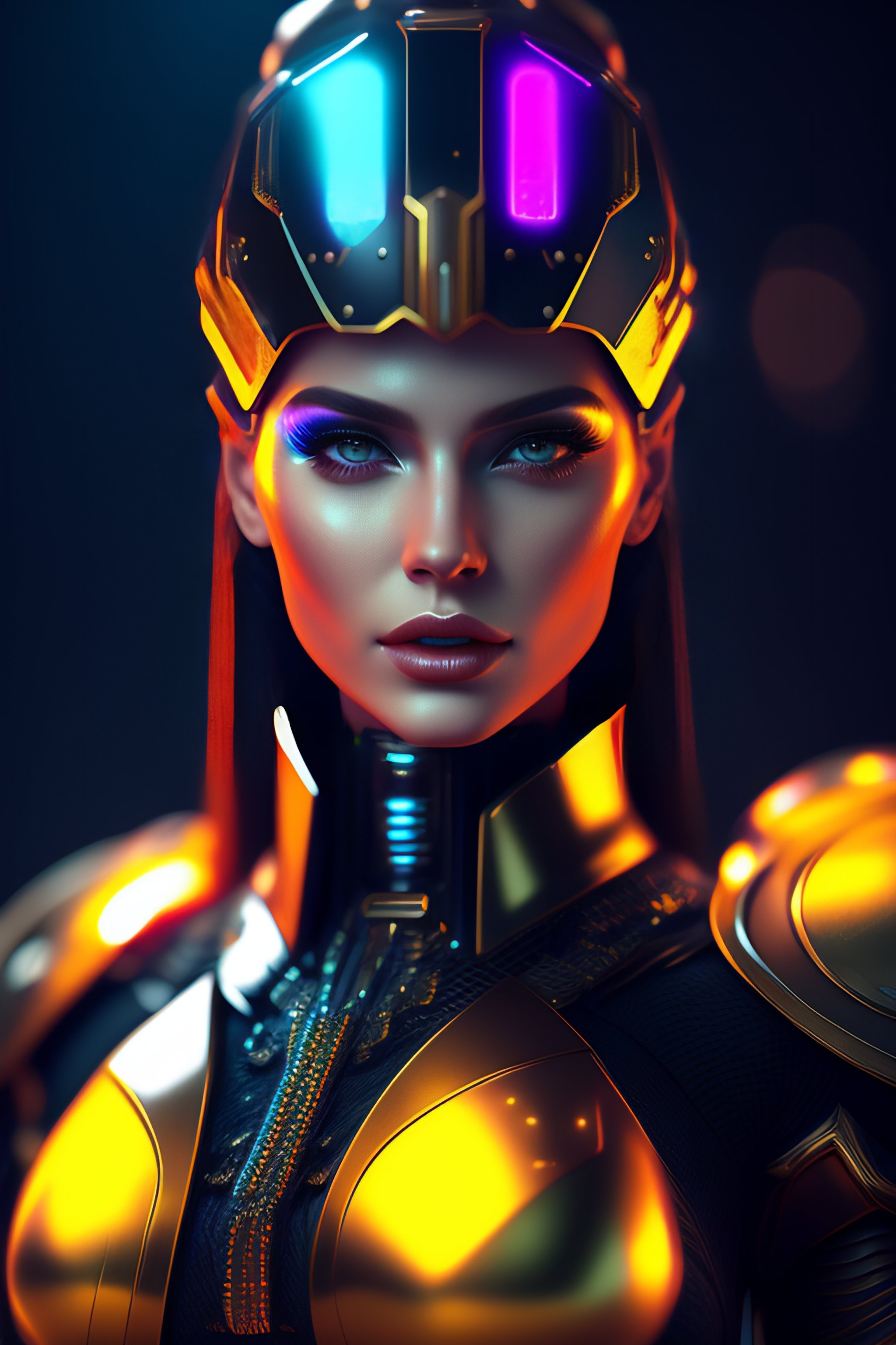 Lexica - Robot, female cyborg, high tech, ornaments, neon glow colors ...