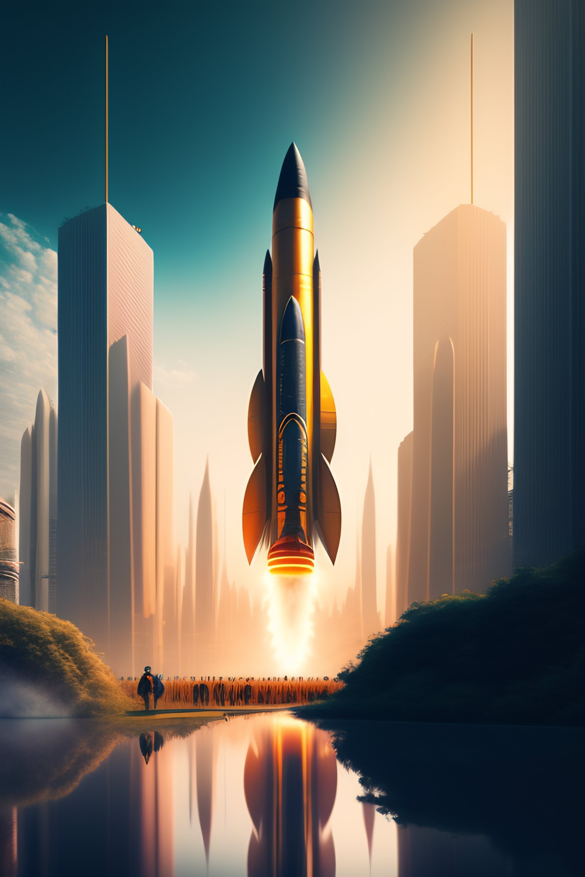 Lexica - A rocket taking off from a futuristic city