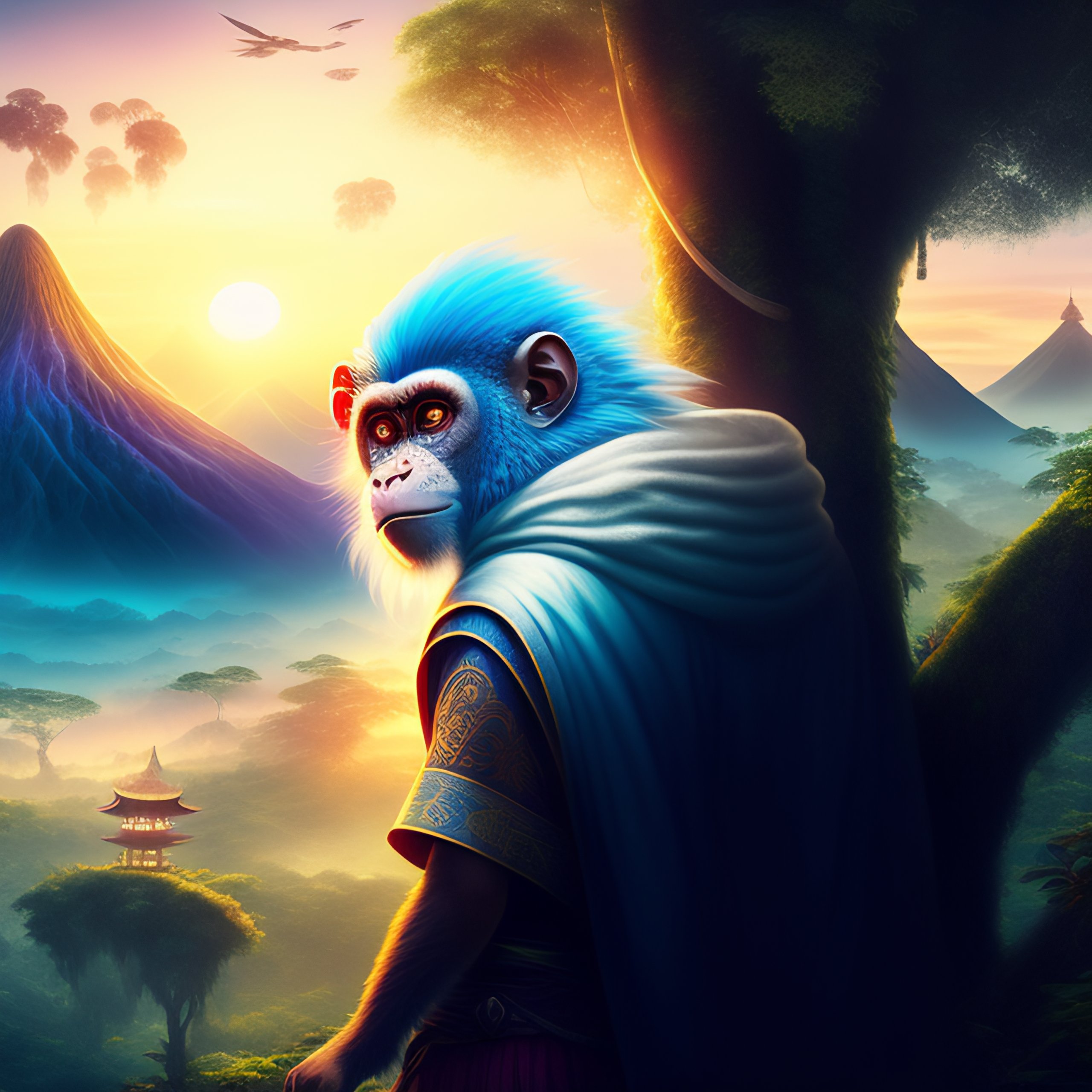 Lexica - A young monkey with crazy white hair and blue skin, with monk ...