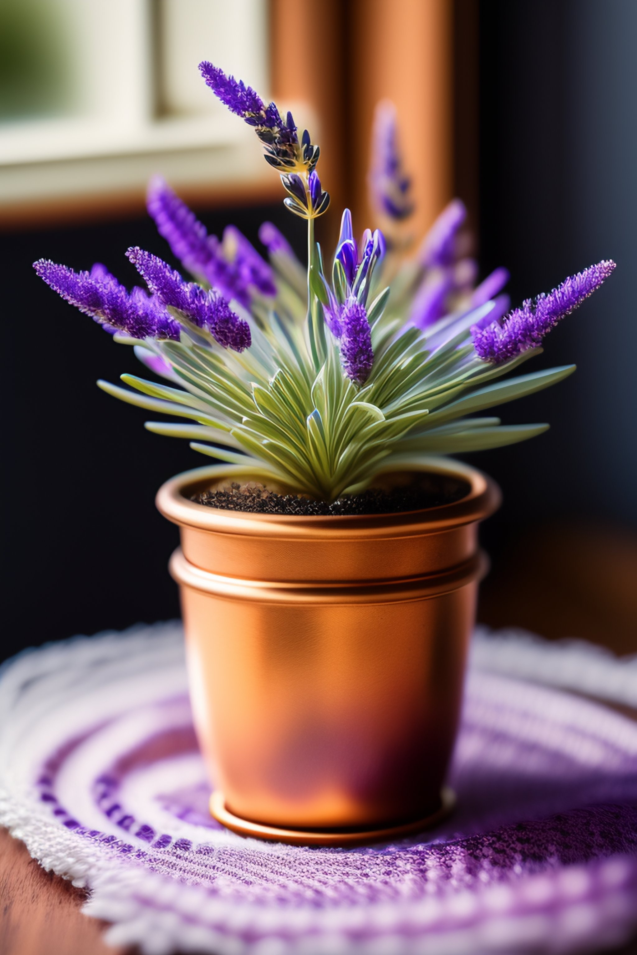 Lexica - Potted lavender plant detailed on a small table