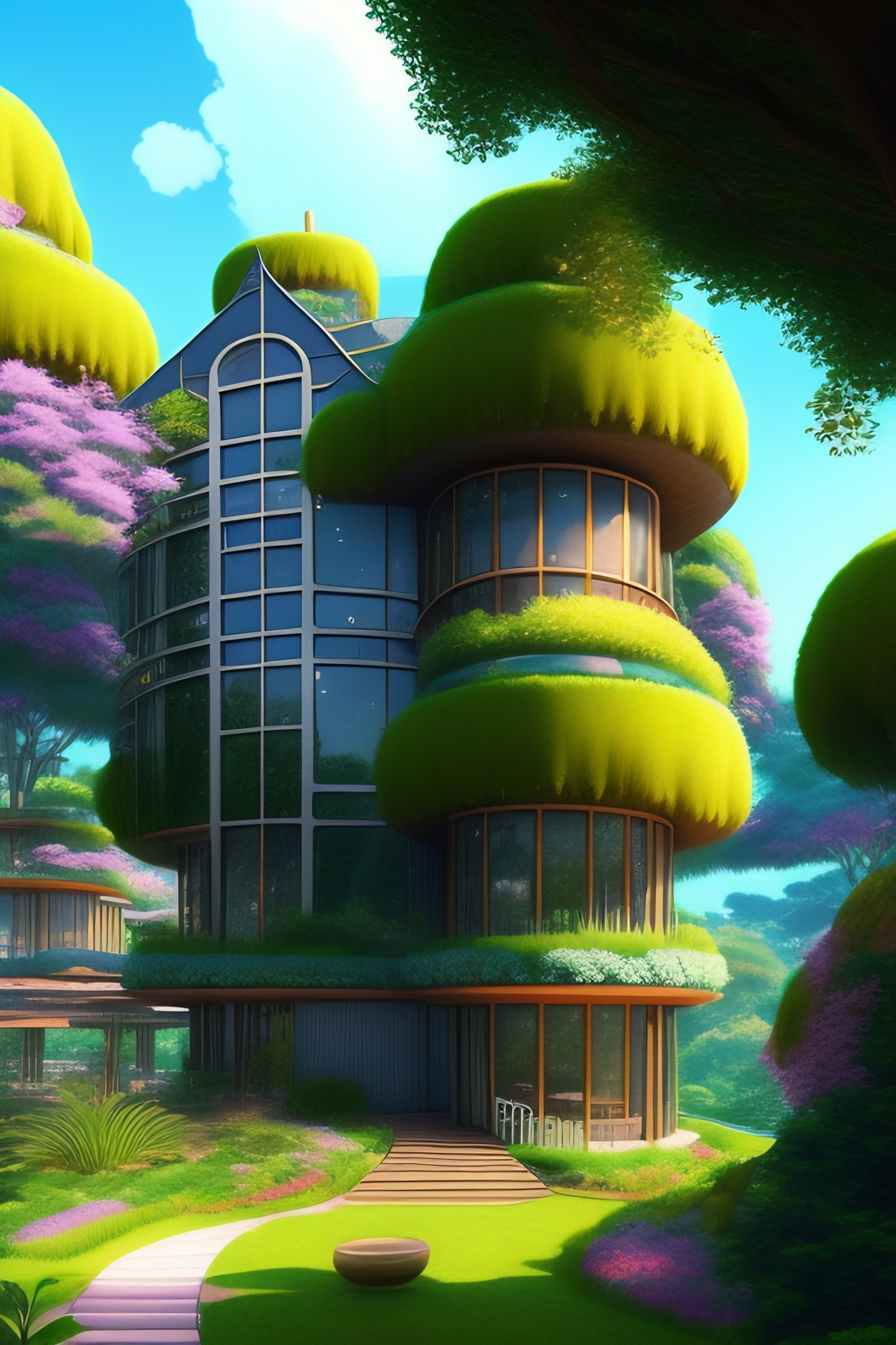 Lexica - Realistic Solarpunk utopian house, from the roof, many trees ...