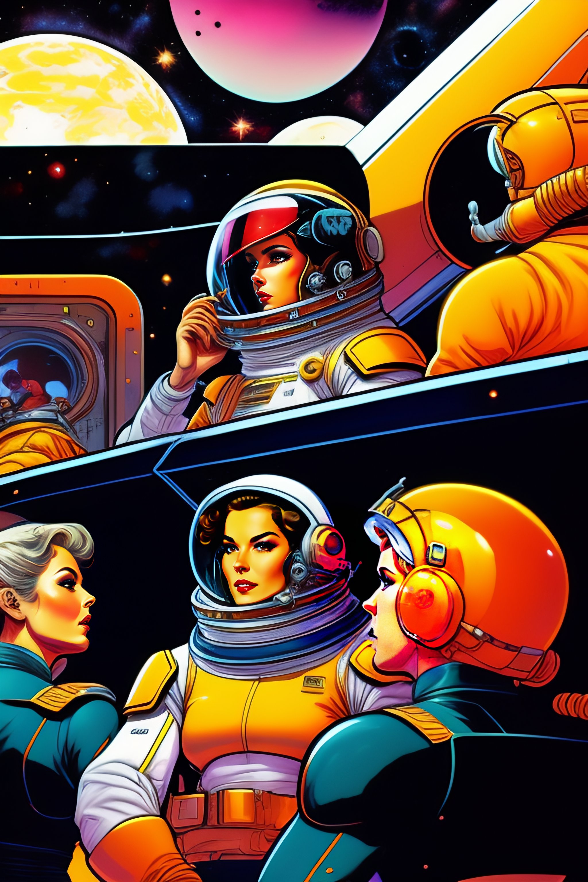Lexica - Retro space captain giving commands to the crew in spacecraft ...