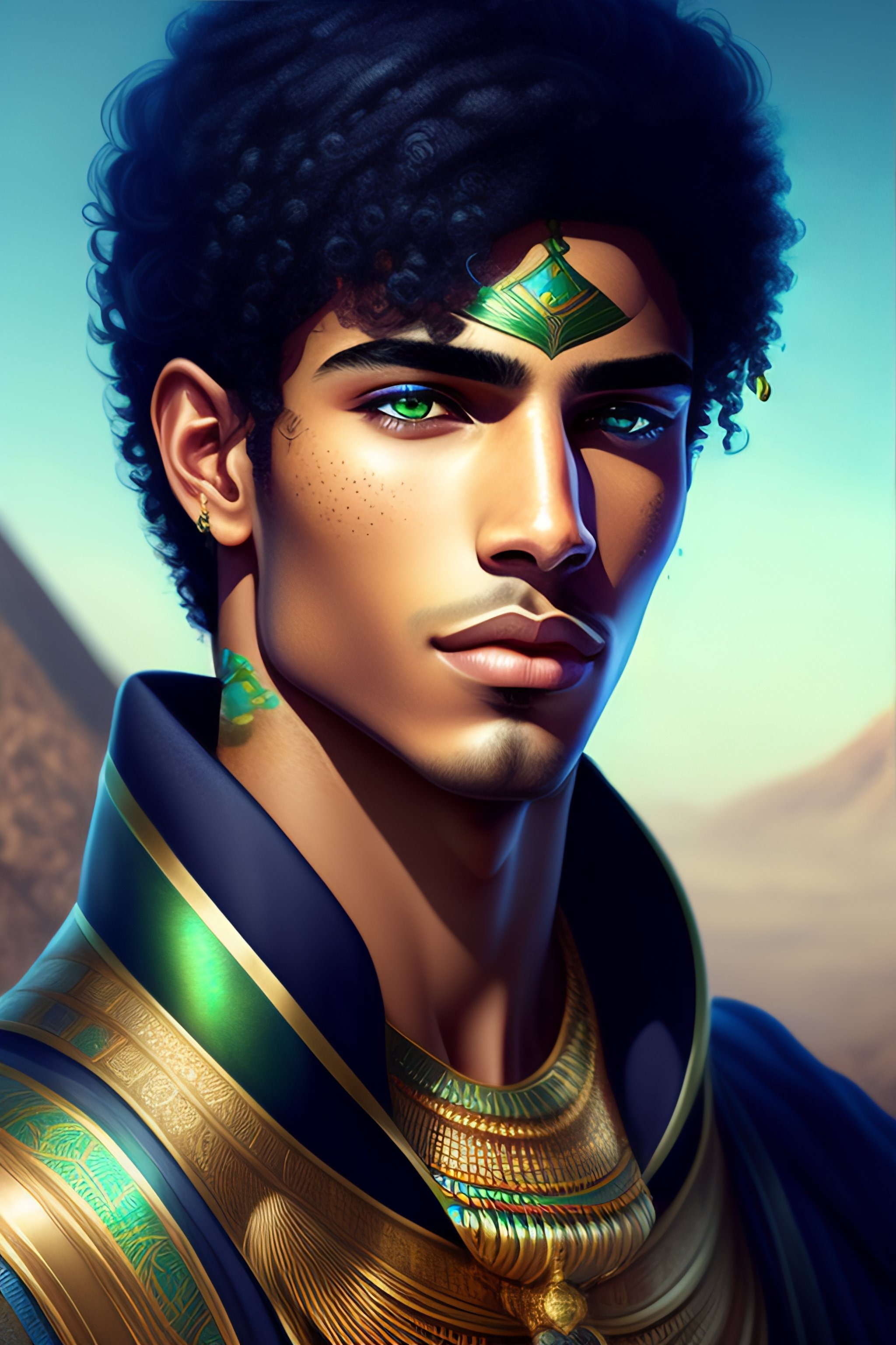 Lexica - Young egyptian prince, wavy black hair, lots of freckles, green eyes, handsome ...