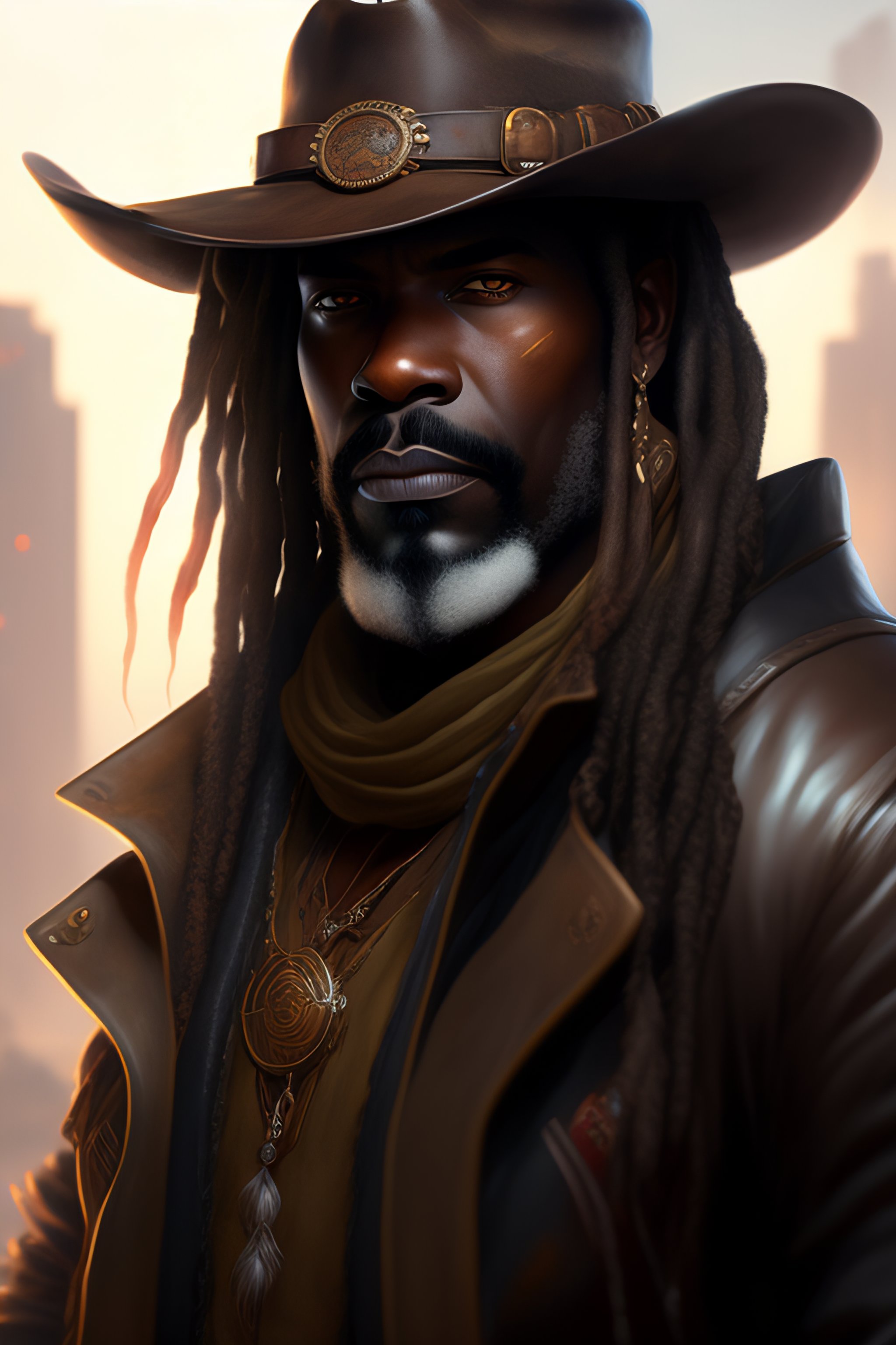 Lexica - Portrait of old mage man brown skin dreadlocks in front an ...