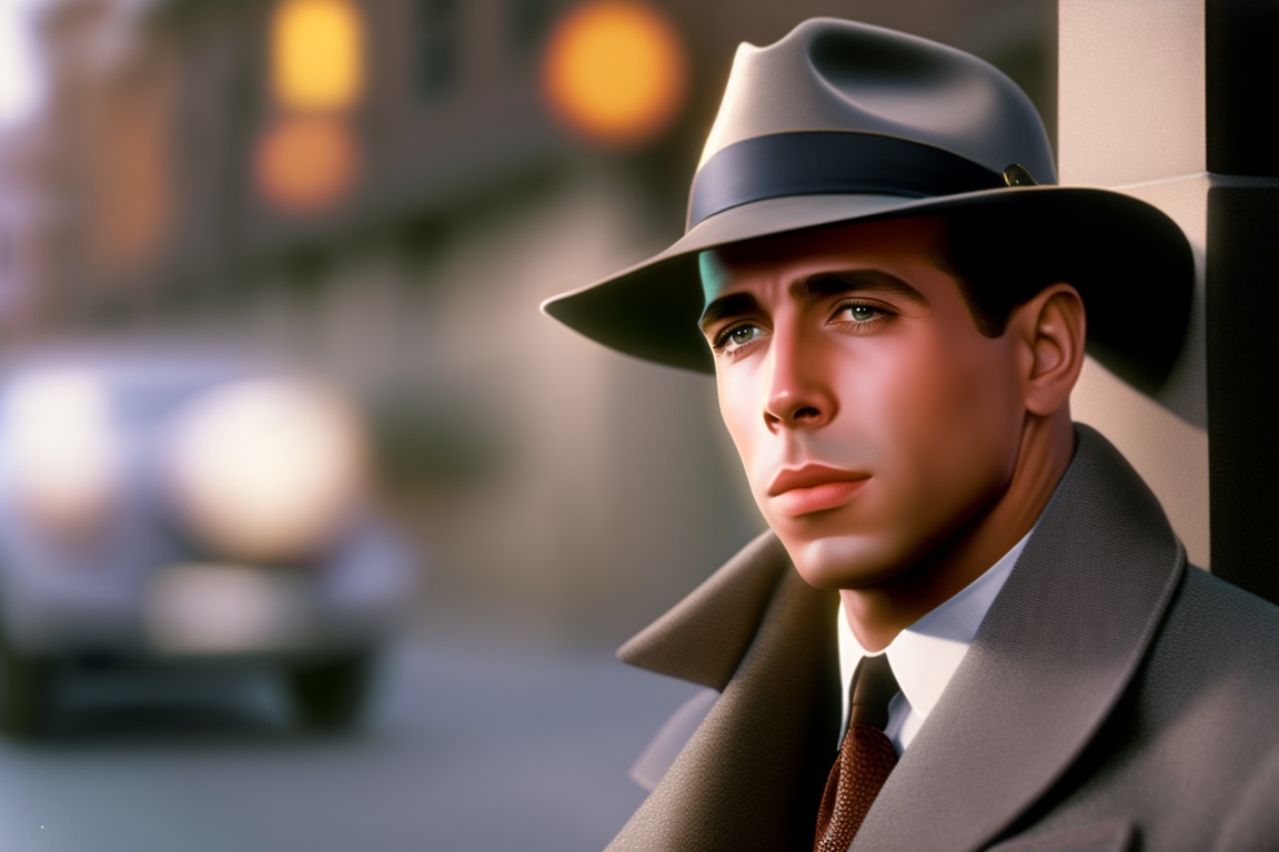 Lexica - Young Humphrey Bogart as noir detective with grey fedora hat ...