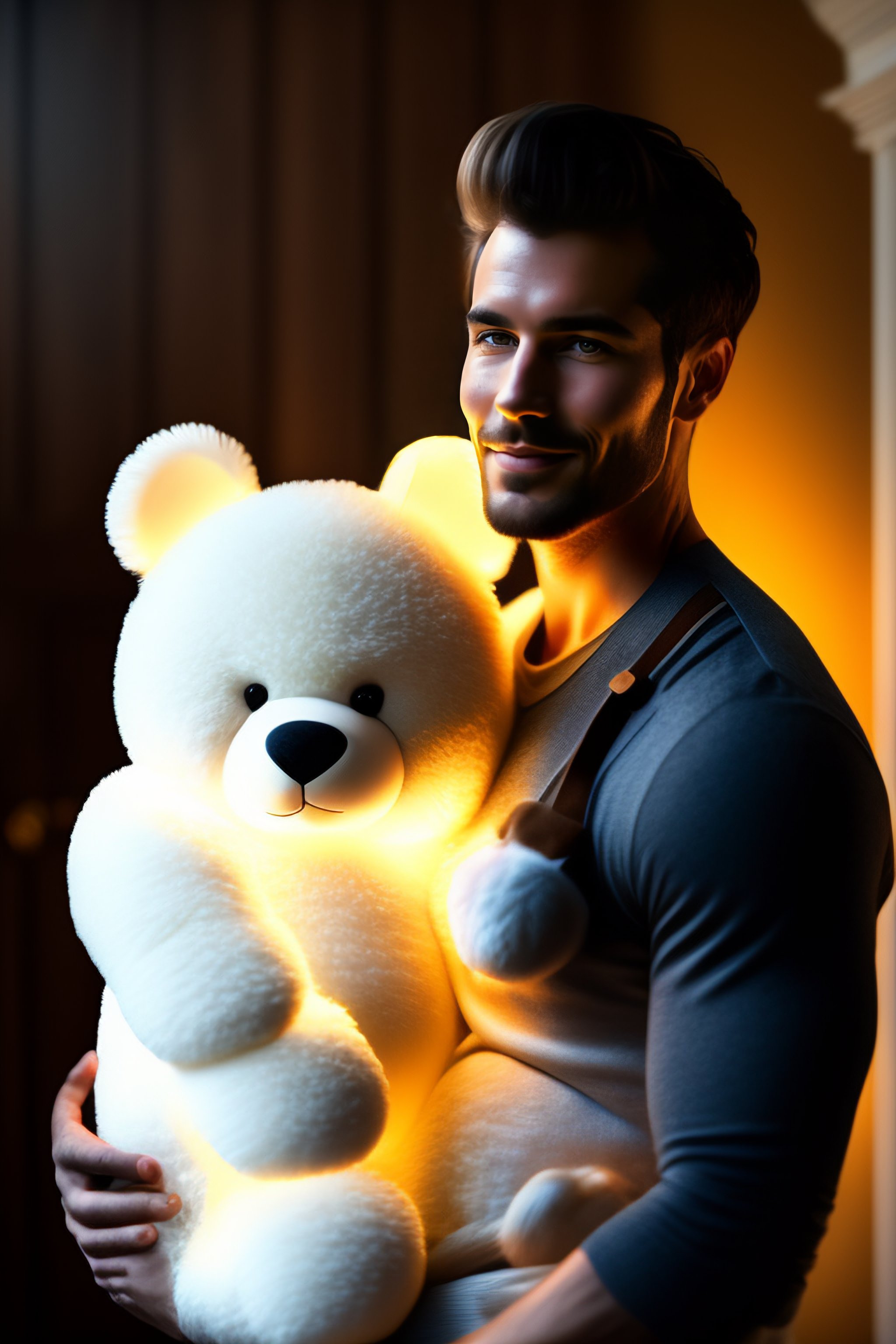 Lexica - Handsome guy with a fluffy bear in his arms soft light paper ...