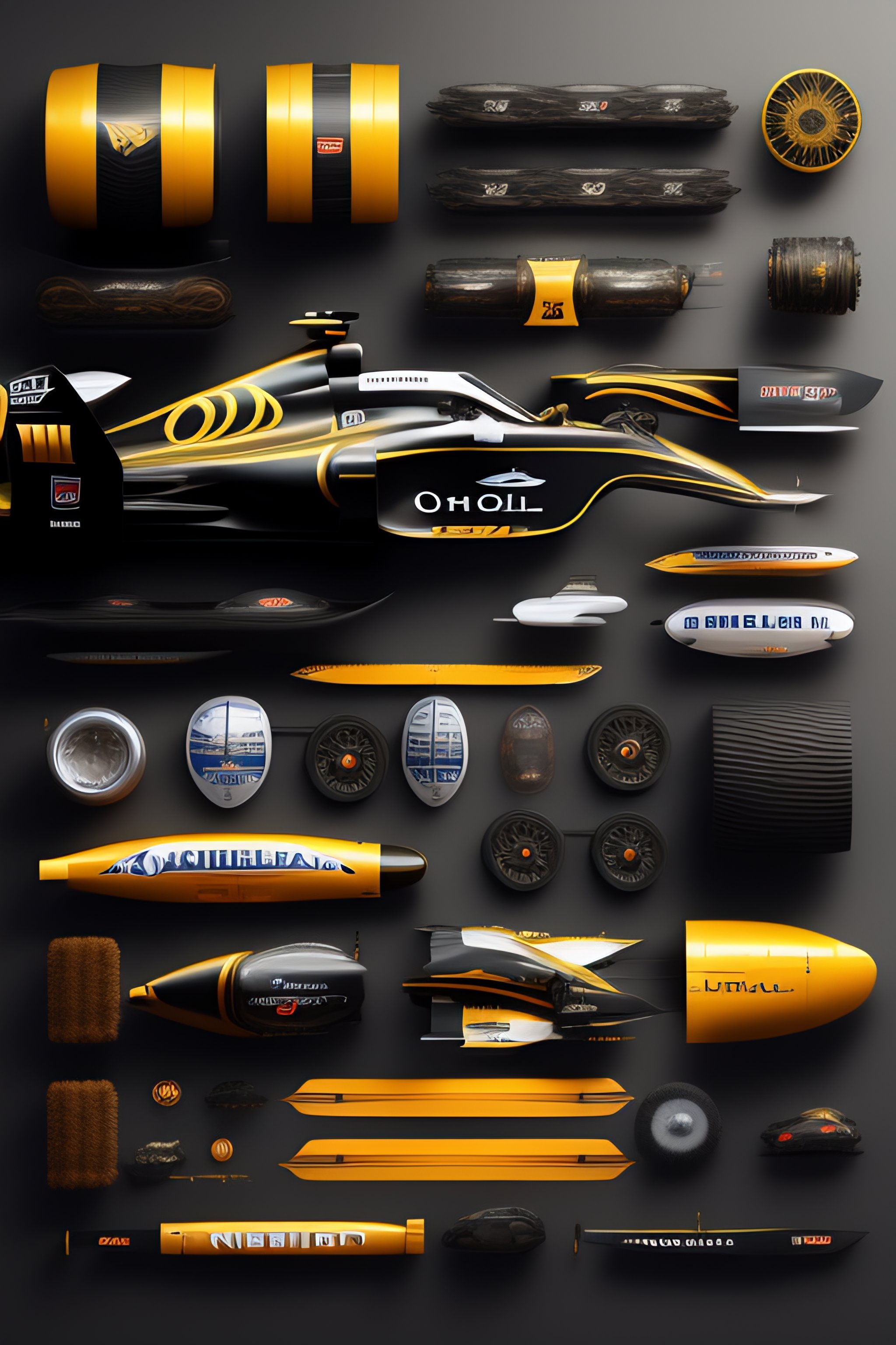 Lexica - Knolling, F1 car, costumes and props, tyres and parts ...