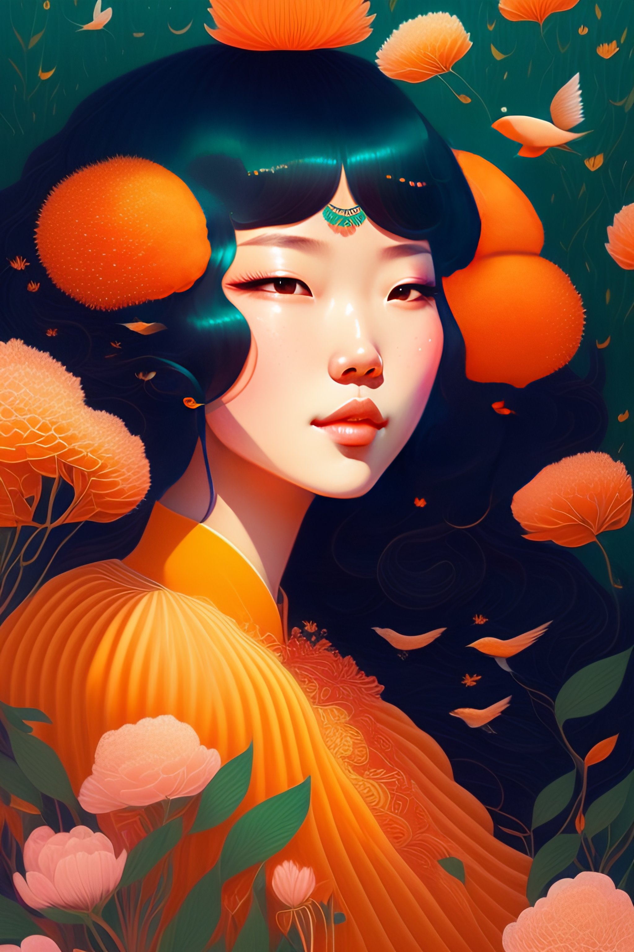 Lexica - Beautiful cute front portrait Korean ninfa, big long curly ...