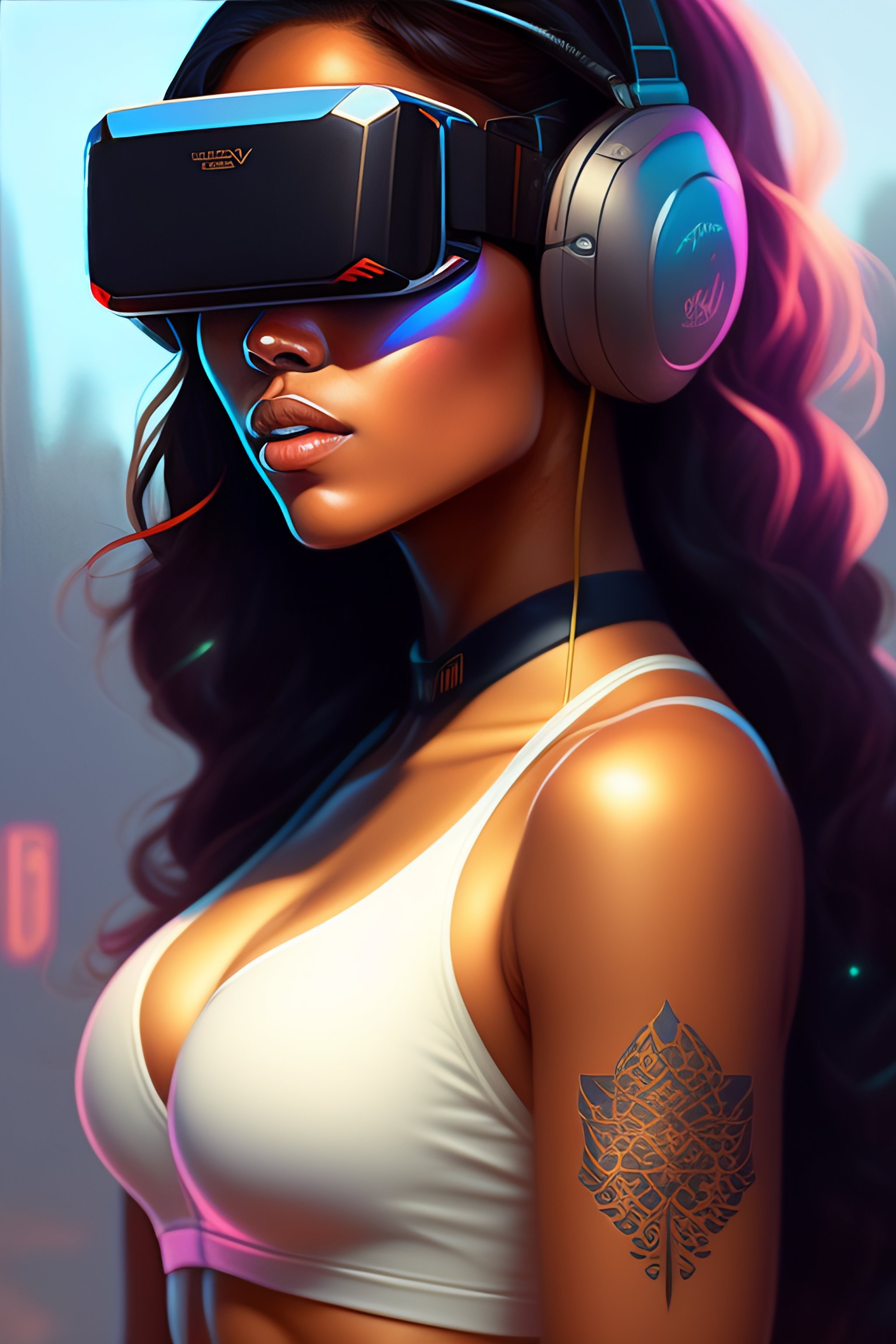 Lexica - Pretty gamer woman very pretty with VR Headset, two piece workout clothes, training bra ...