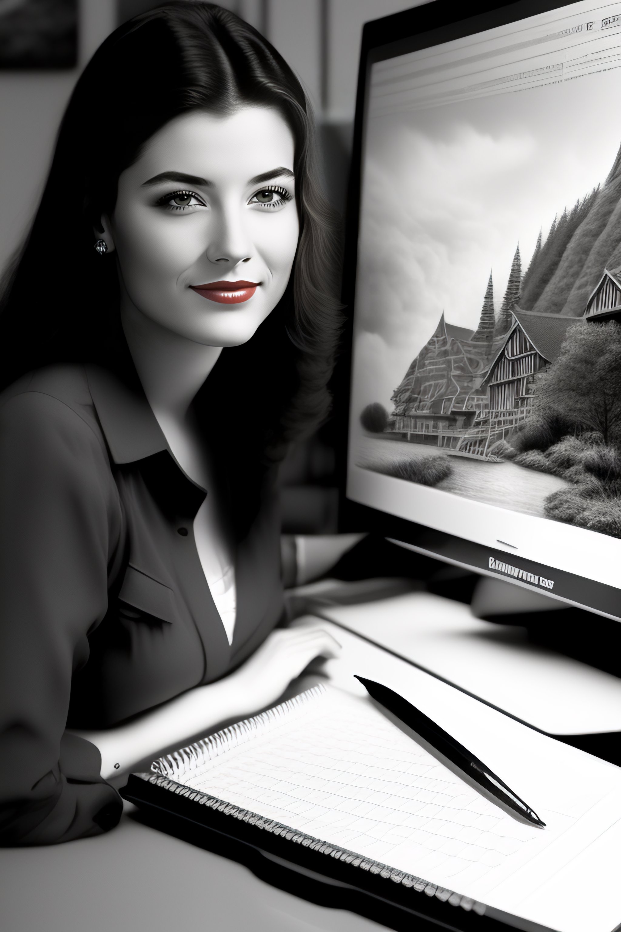 Lexica - Female graphics designer, in front of a computer, drawing using pen, vitage style ,90's