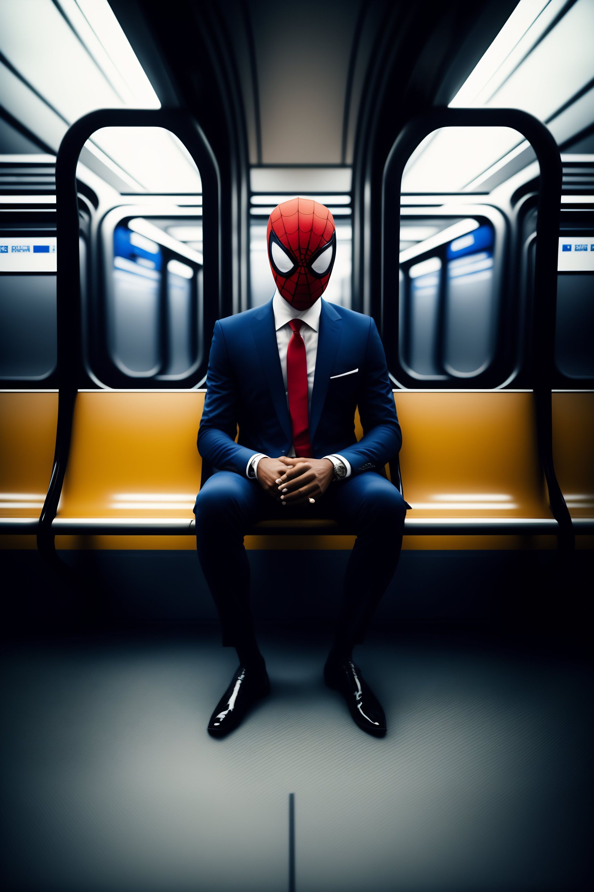 Lexica - Spiderman a business suit sitting in the London Underground ...