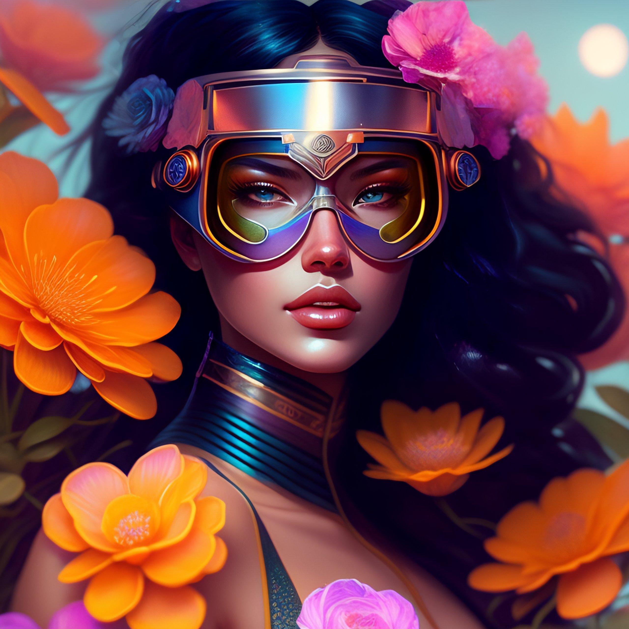 Lexica - Lovely node woman wearing futuristic goggles in distress, neon ...