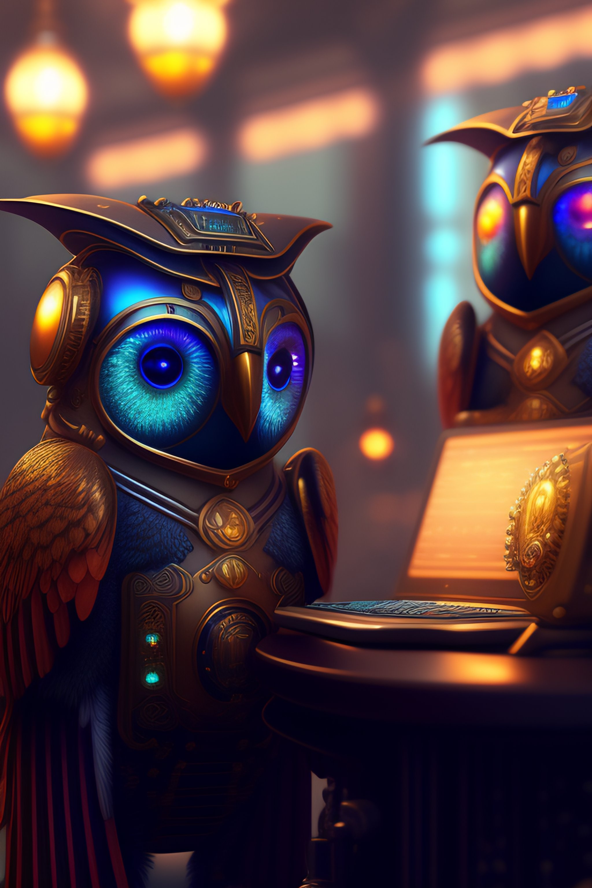 Lexica - Tiny good, robot owls looking at a computer, surrounded by ...