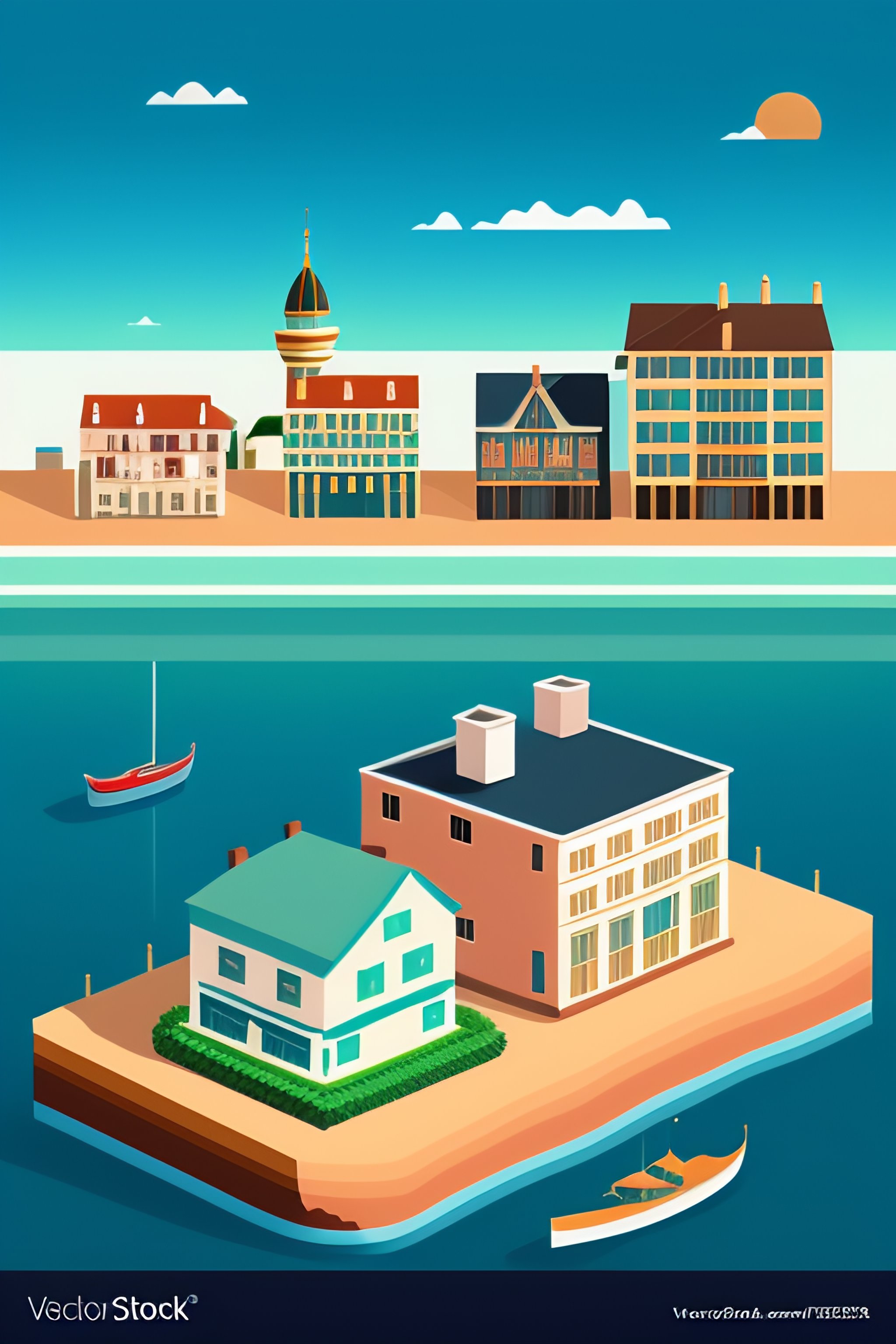 Lexica - Flat vertical view of a seaside town with various type of ...