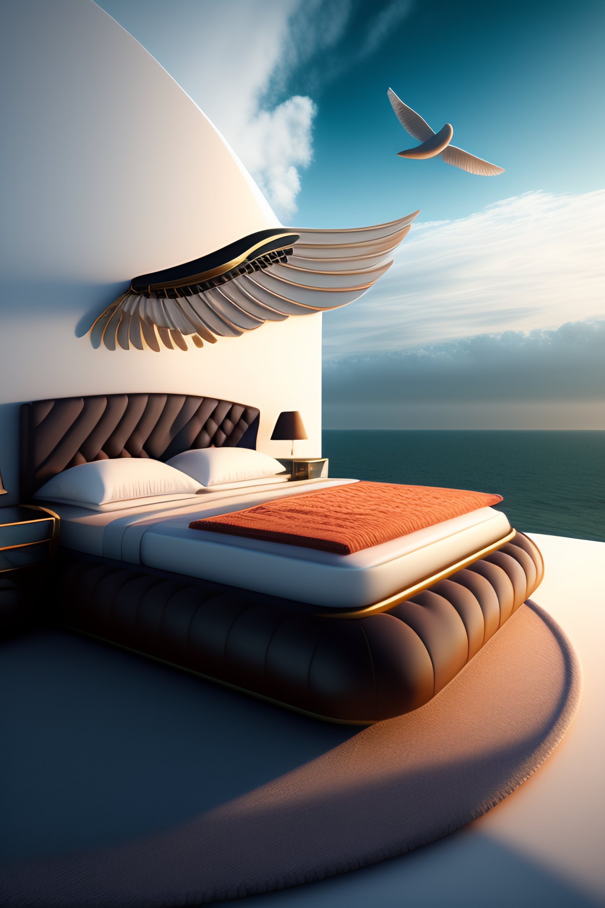 Lexica - A bed with wings fliying over the sea