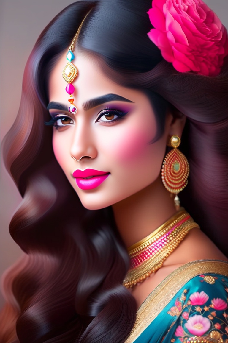 Lexica - Beautiful ,bold modern long hair ,saree , blushing face, cow ...