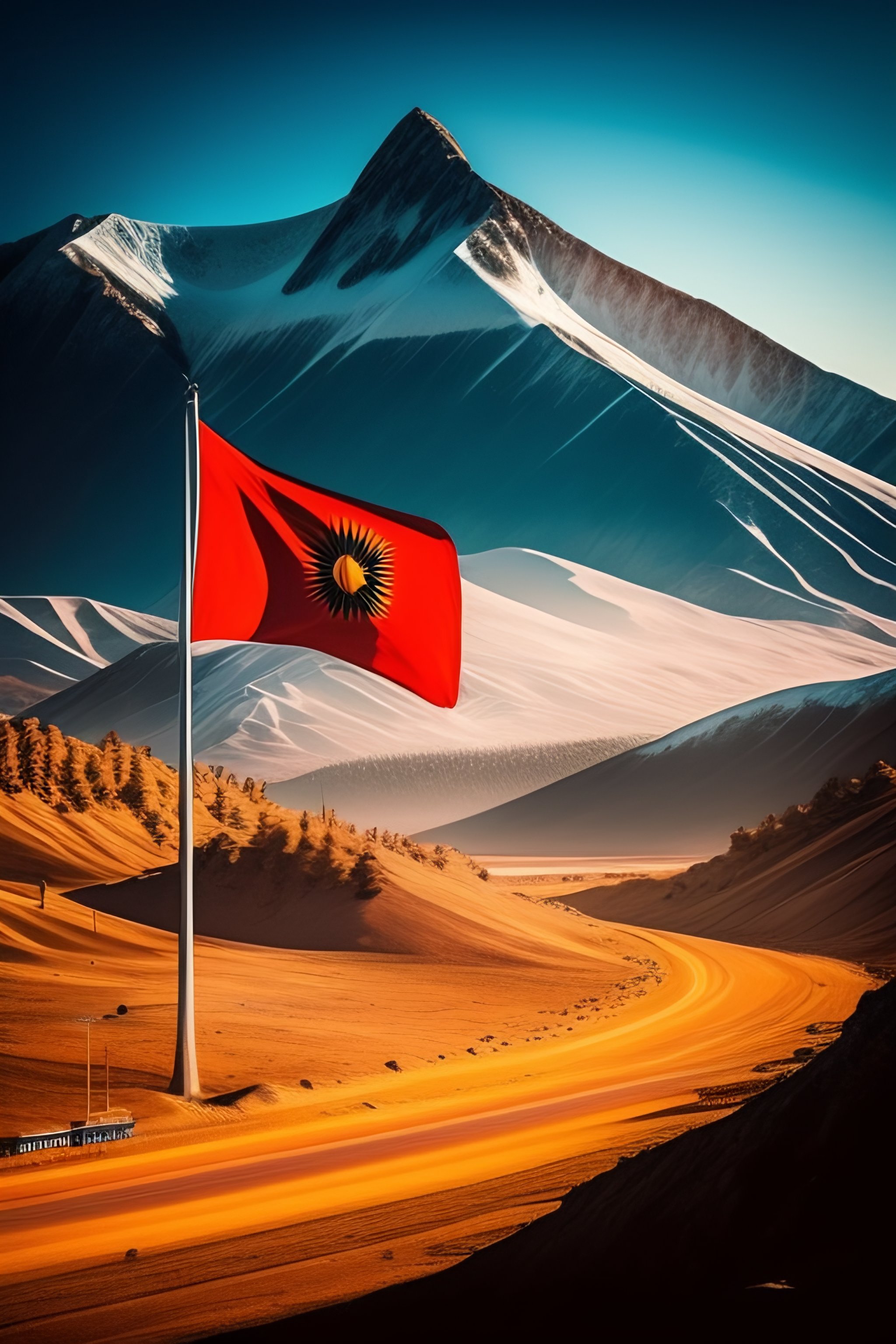 Lexica - Movie poster, Bishkek, year 2100, Kyrgyzstan flag waving on ...