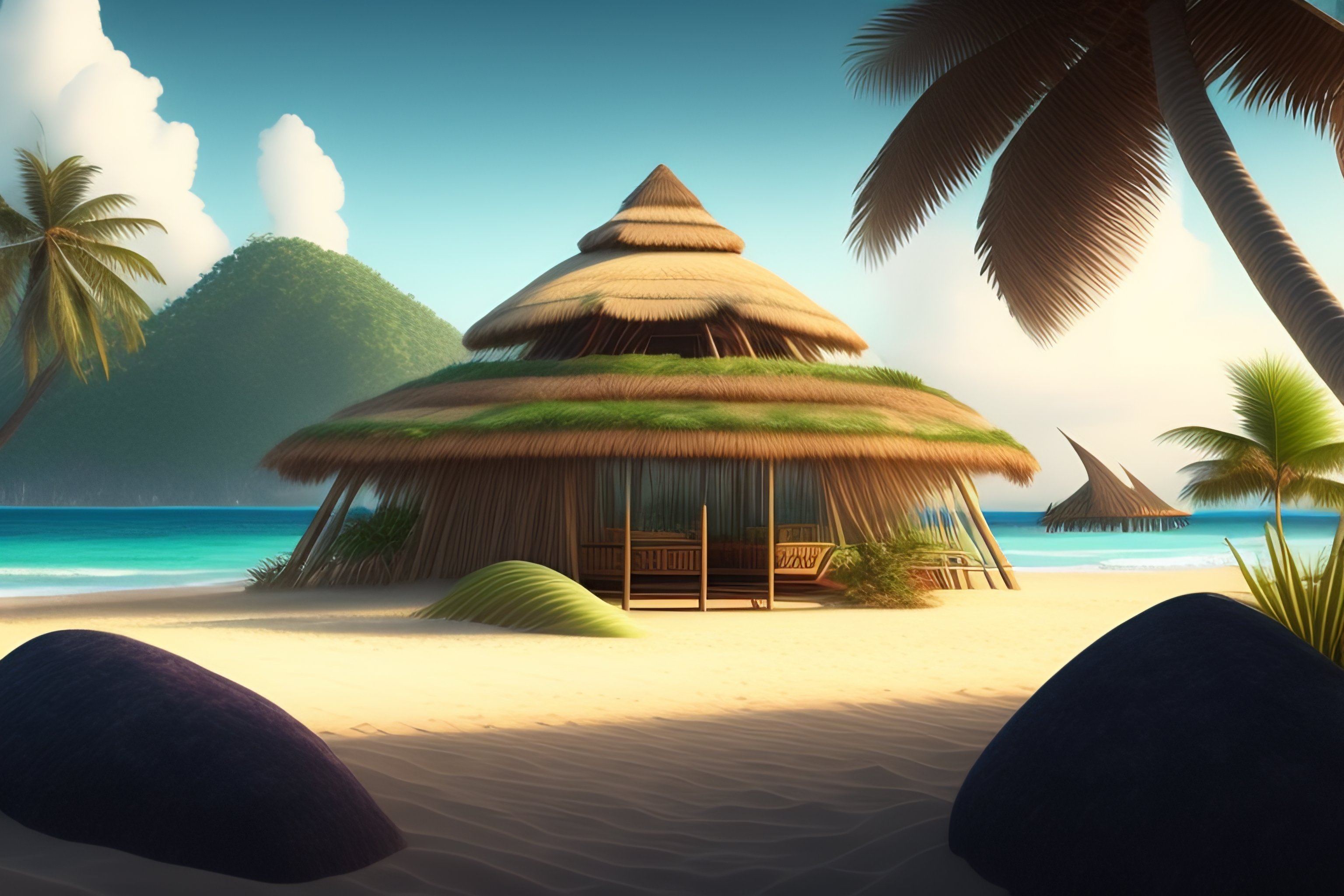 Lexica - Giant hut bamboo on tropical island beach yucca giant shells ...