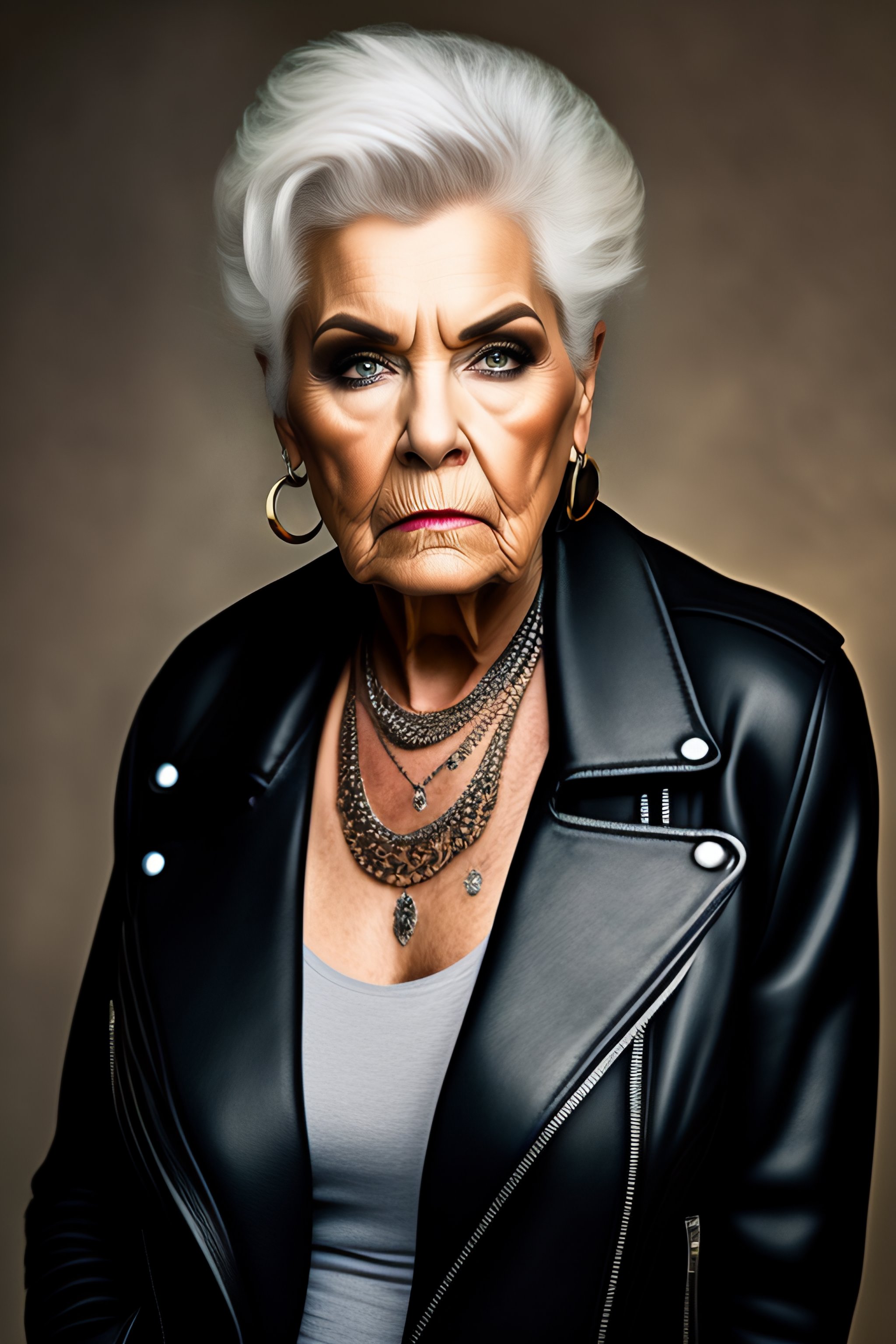 Lexica - Portrait of a grumpy mean scowl old woman biker tattoos ...