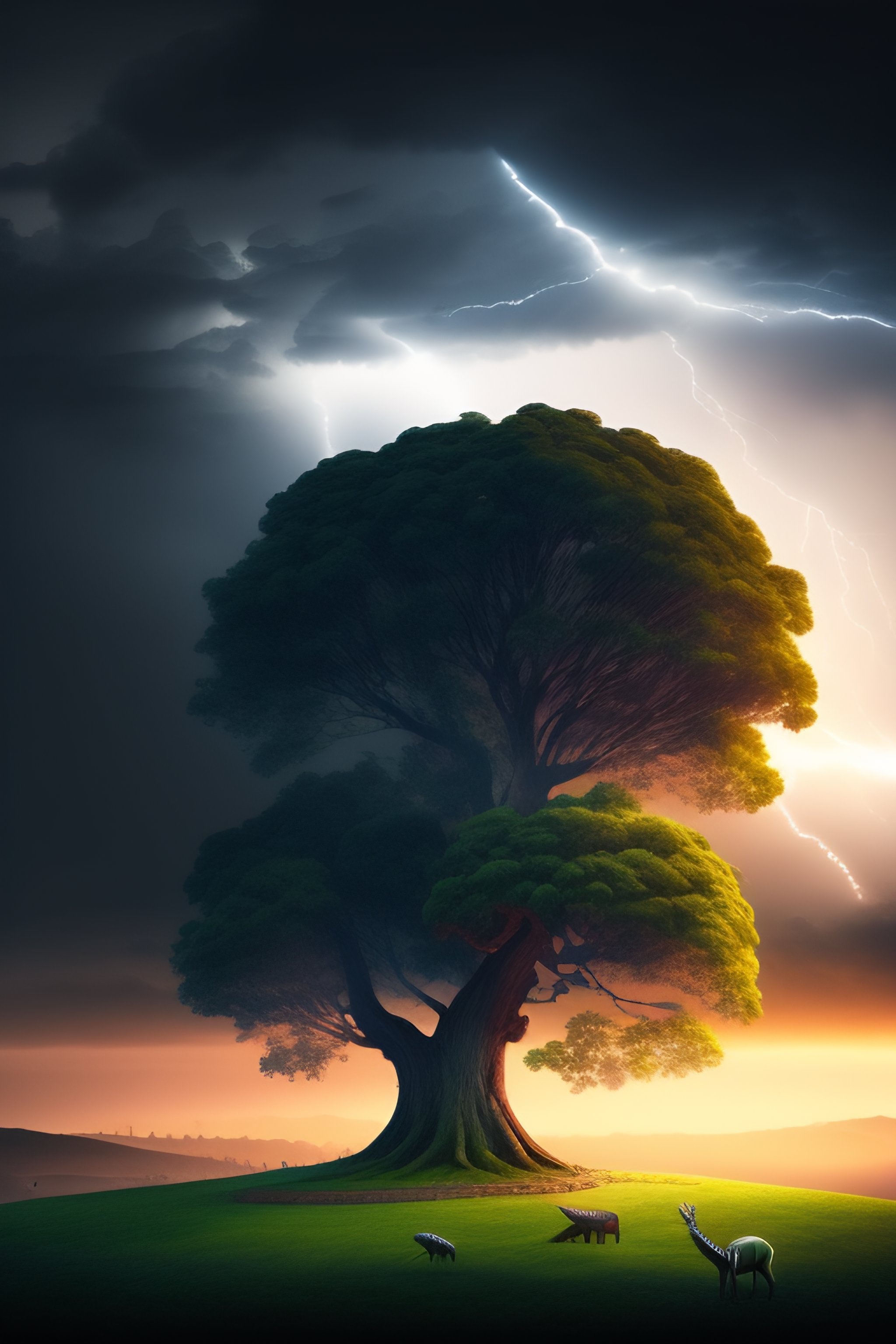 Lexica - Lightning strikes a tree on a hill. The dinosaurs run away ...