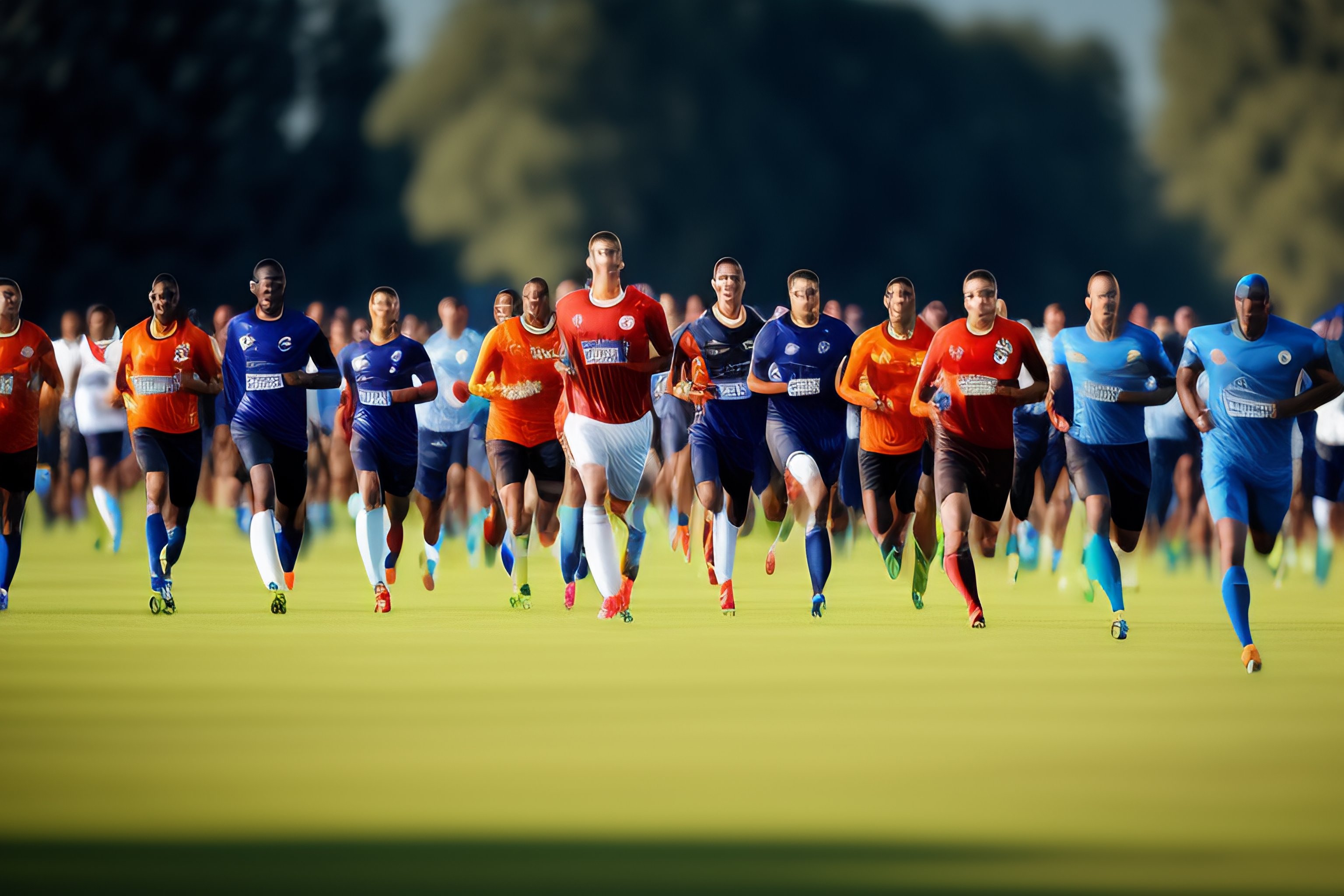 Lexica - A lot of men and women chasing, front view, grass ground, sun ...