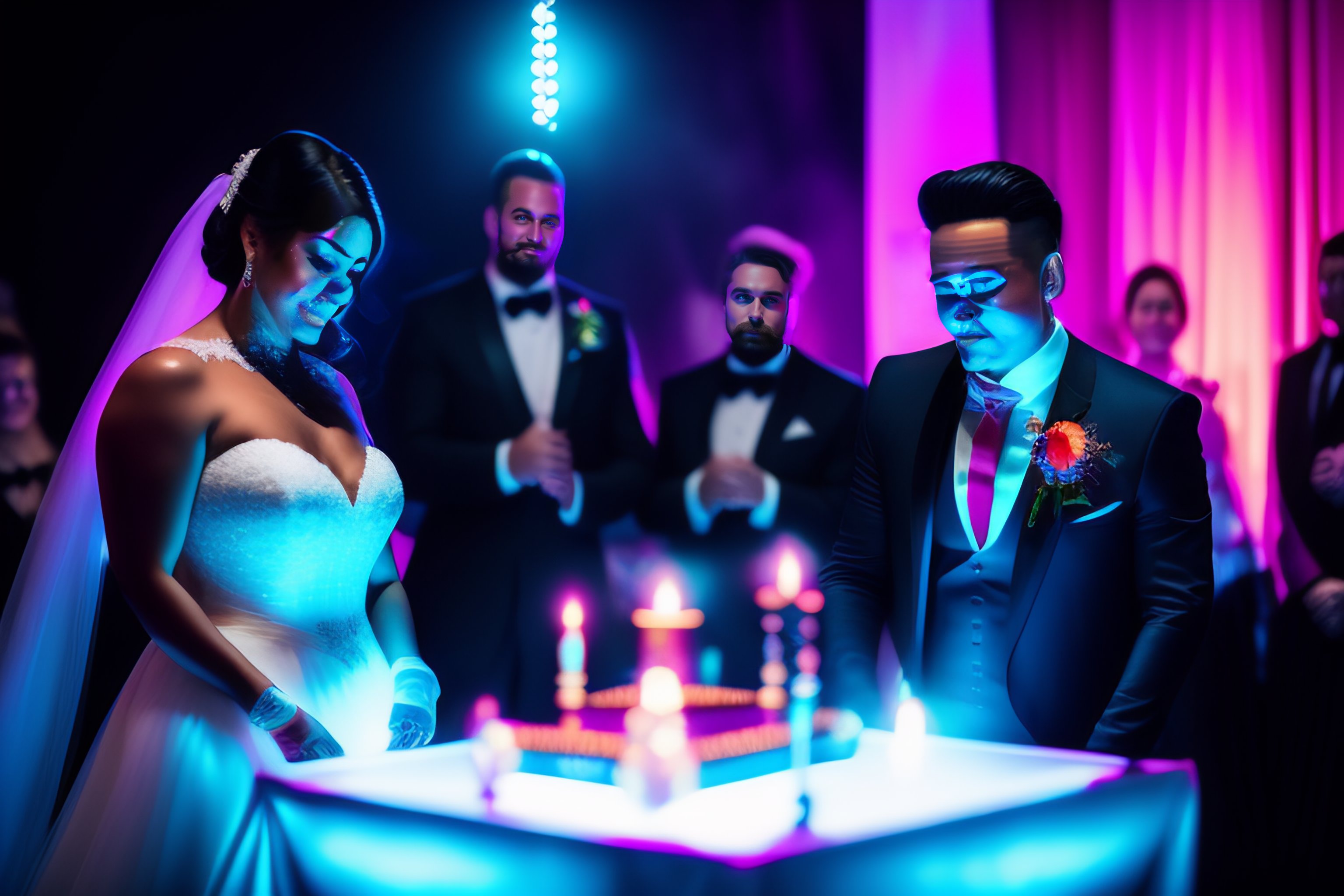 Lexica - A magician performs magic for brides, retrowave stage