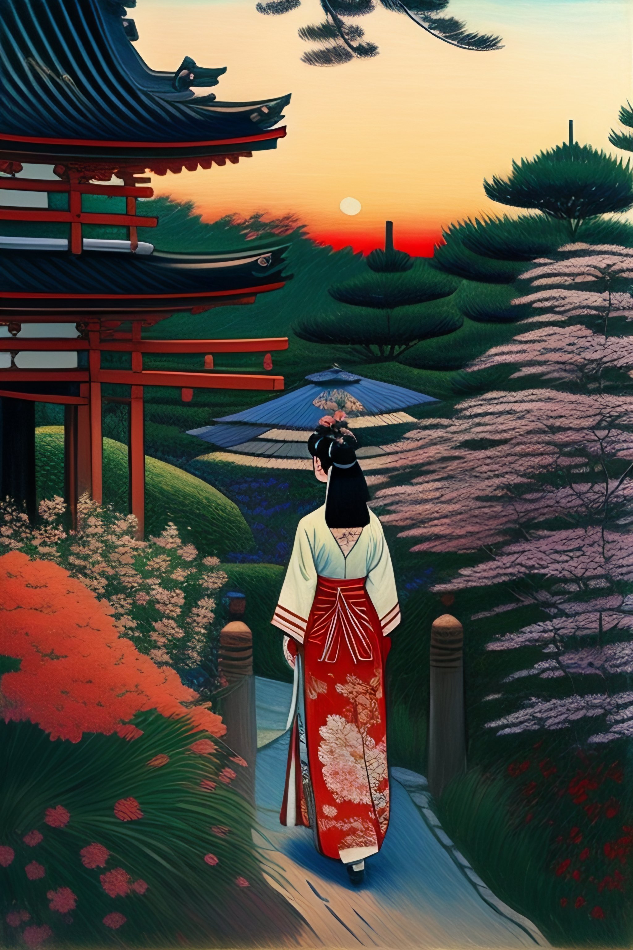 Lexica - Drawing of a geisha walking at sunset through a Japanese ...