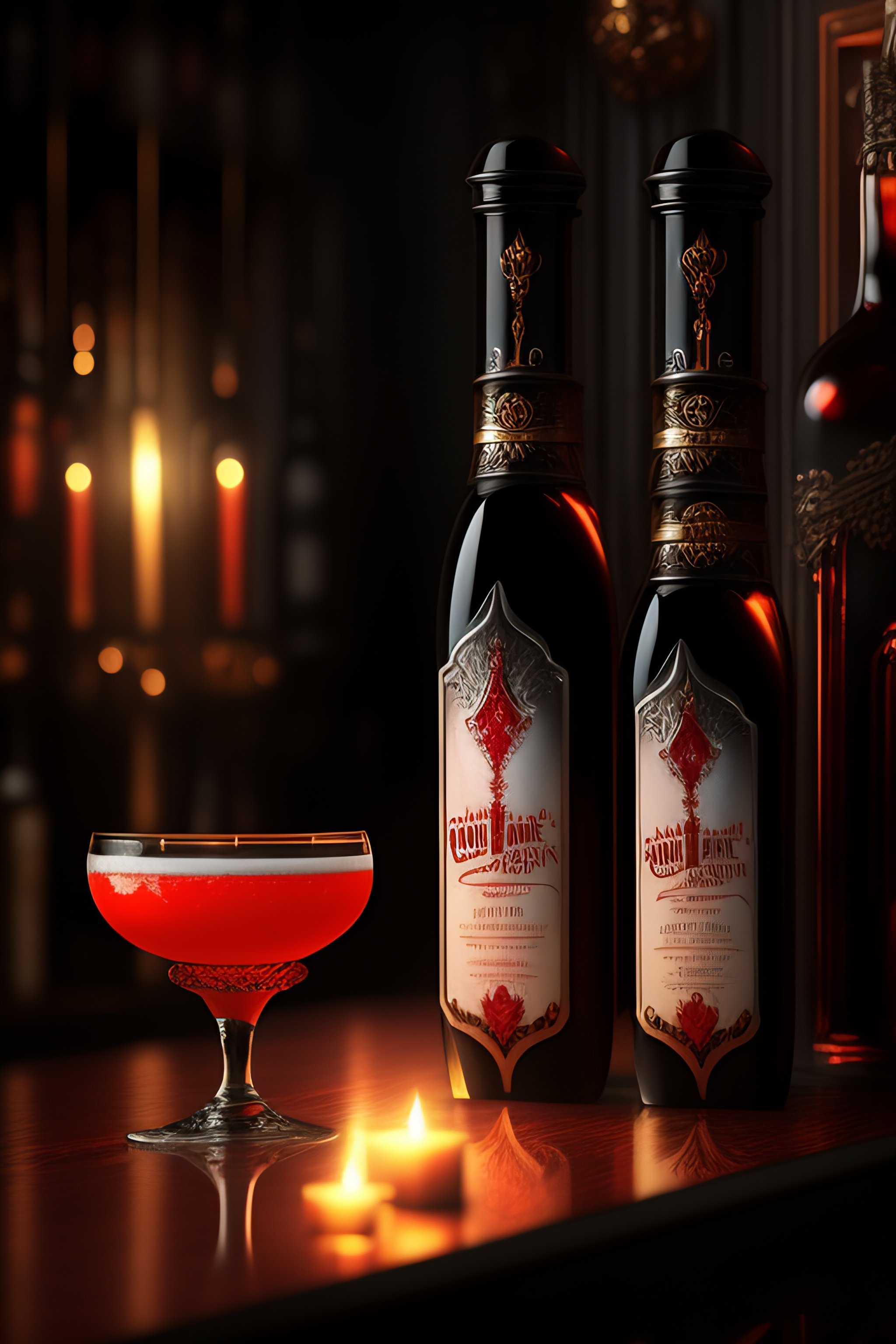 Lexica - A vampire bar, blood-bottles, bloody drinks, cinematic style ...