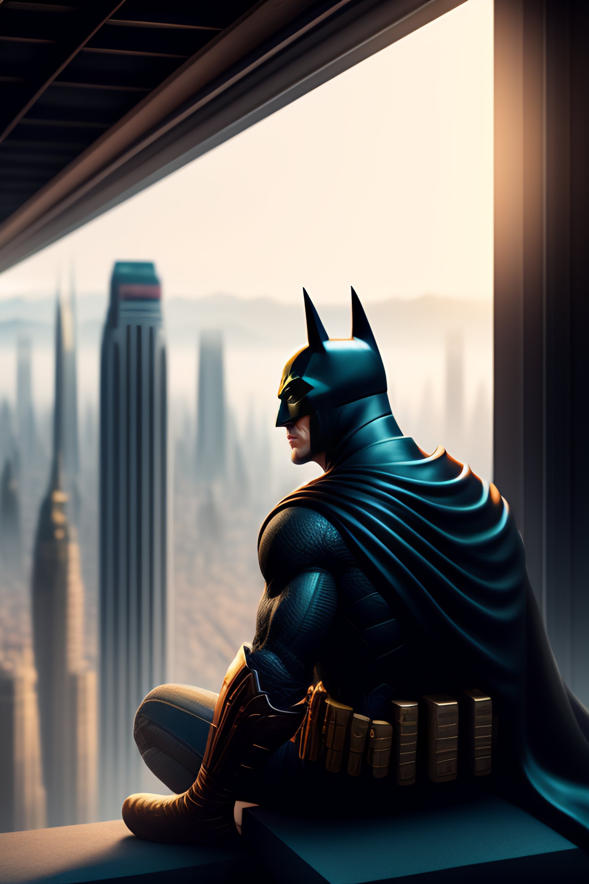 Lexica - Batman sitting on a roof looking down at a city below ...