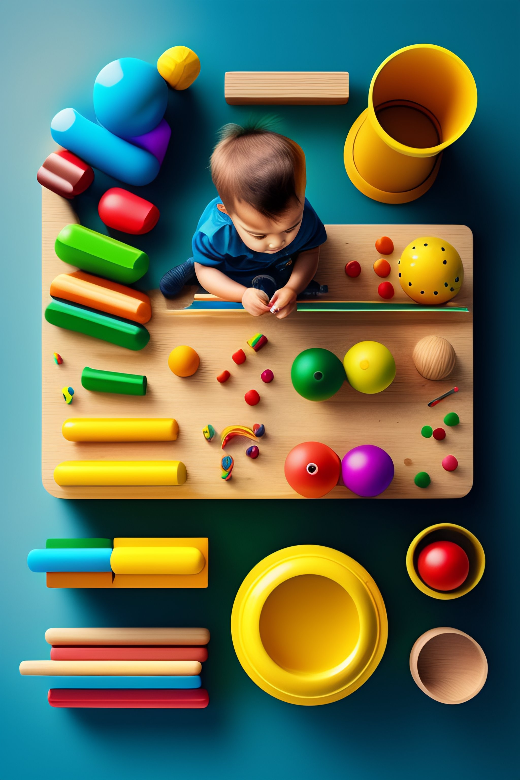 Lexica - Top view of kid working on a worktable making toys, realistic ...