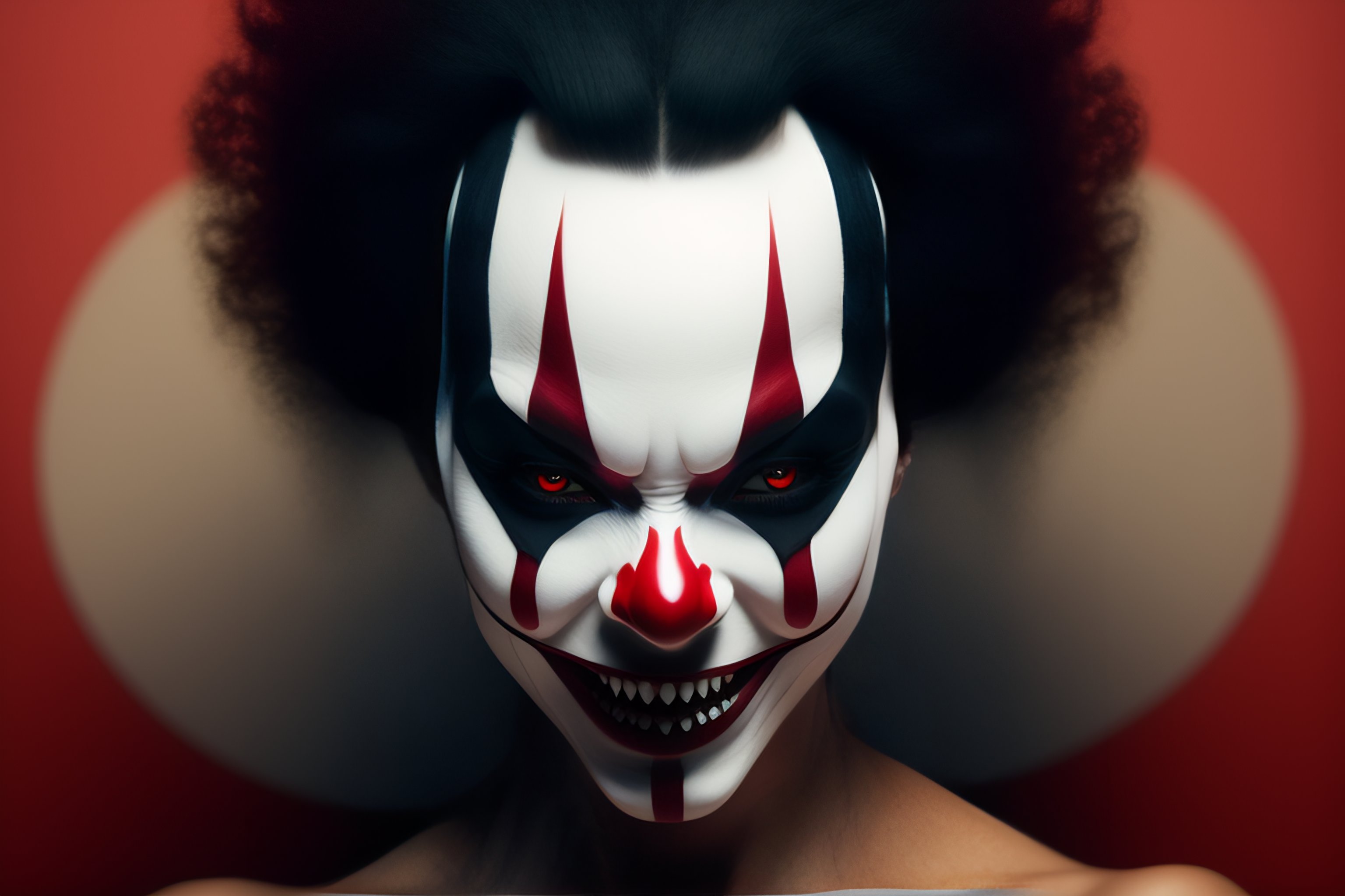 Lexica - Thin and chic terrifying clown with red eyes and black hair ...