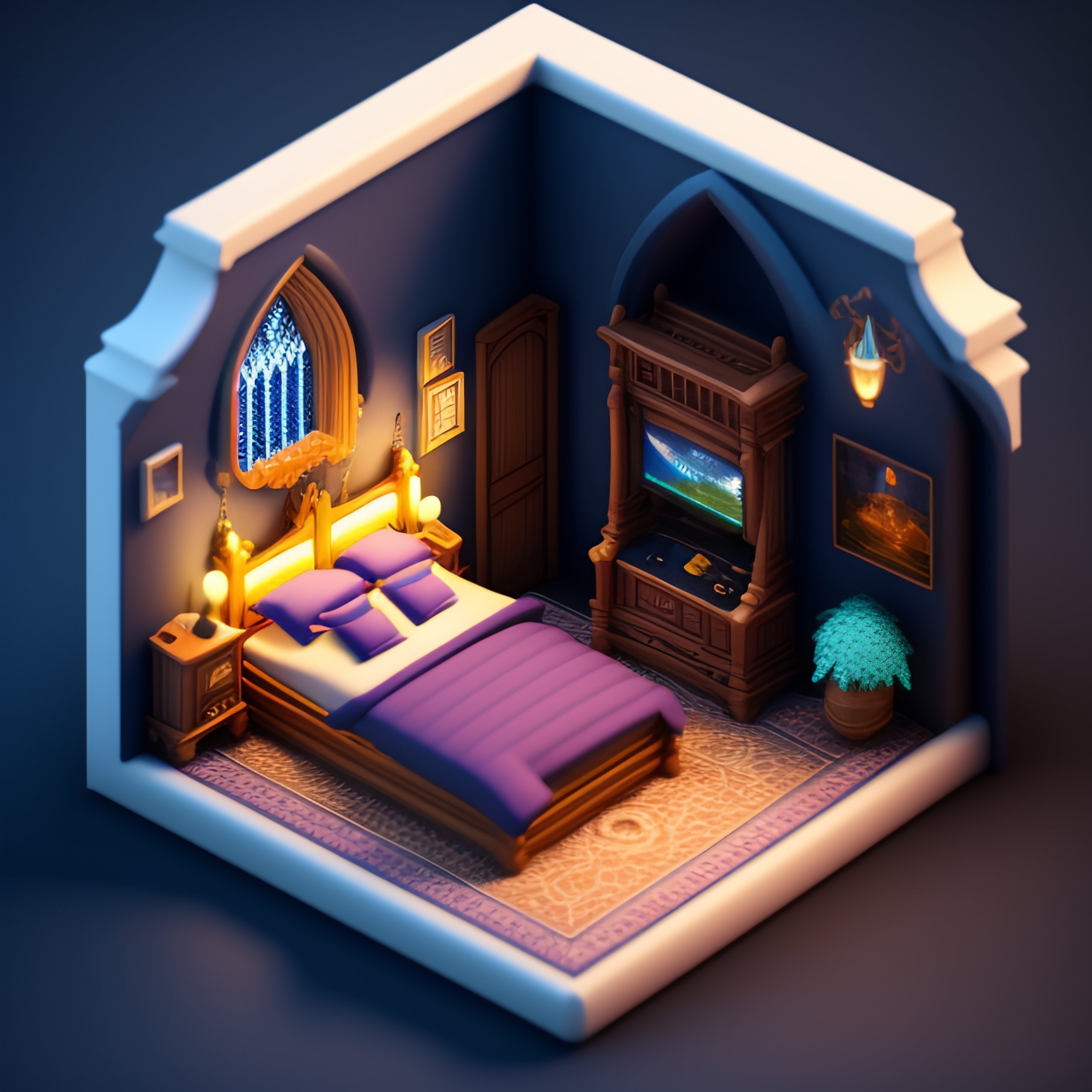 Lexica - Detailed isometric cathedral bedroom, video games, very cozy ...