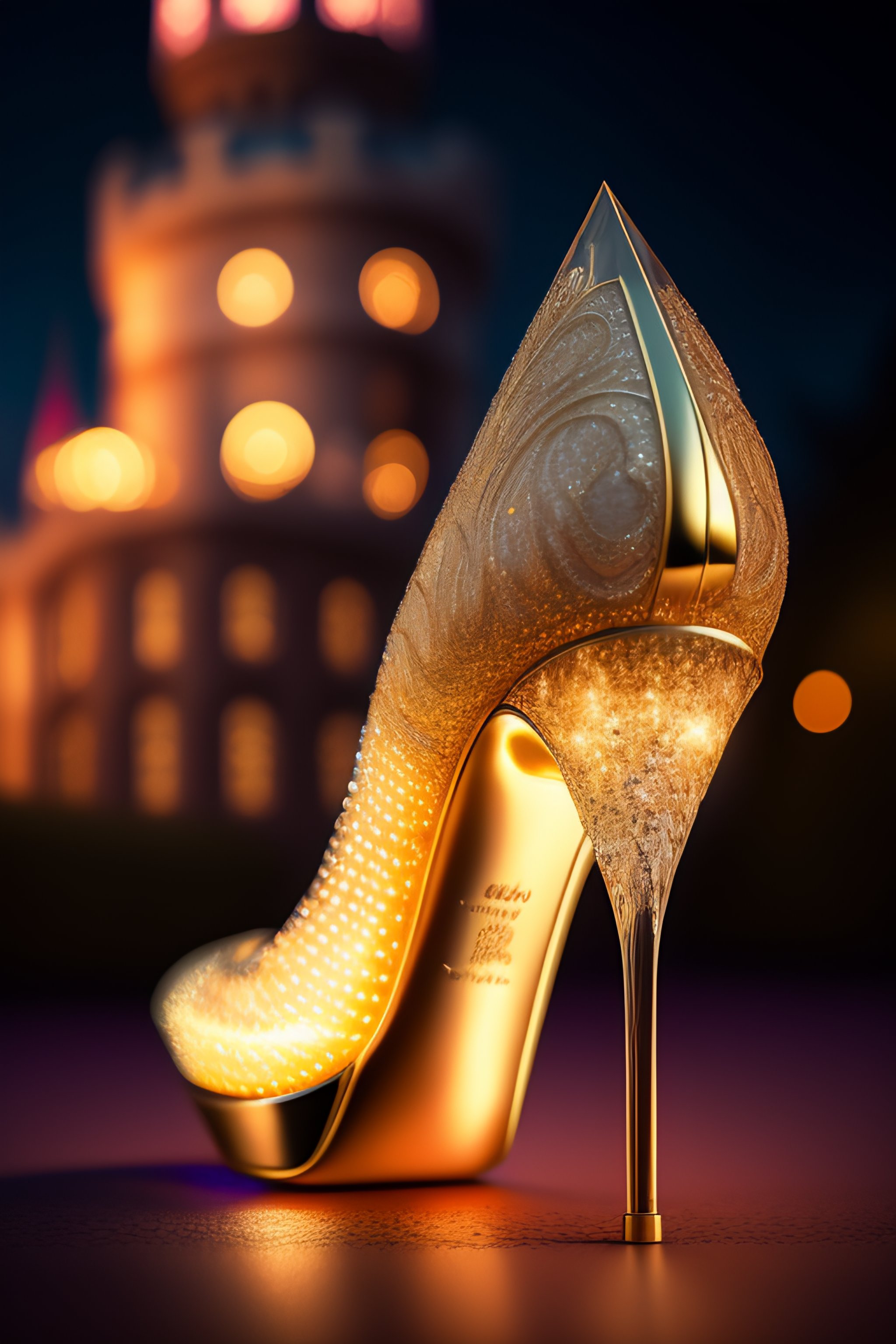 Lexica - Shiny clear intricate high heel shoe in front of a castle, 8k ...