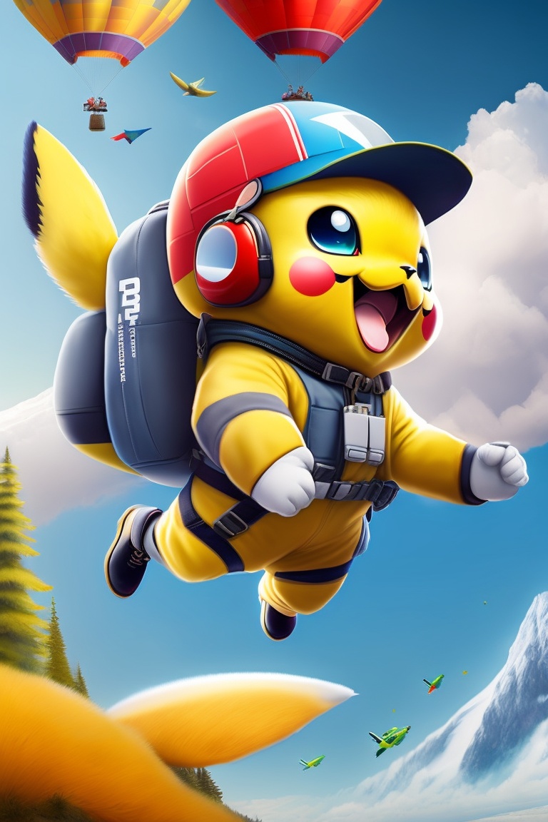 Lexica - Pikachu skydiving with ash,greeninja from mountain