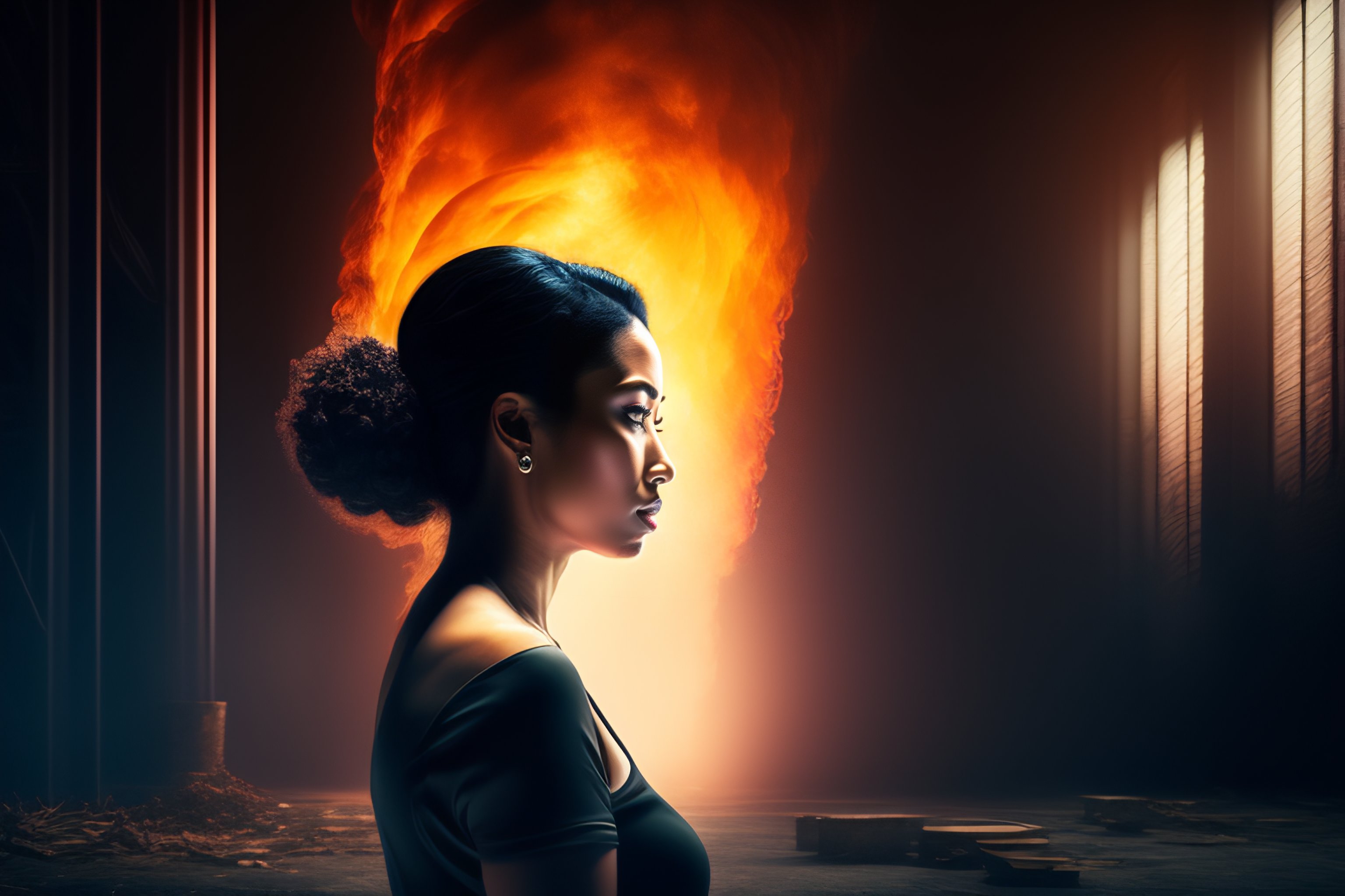 Lexica - A woman's back in front of a tall dark mass whose head extends ...