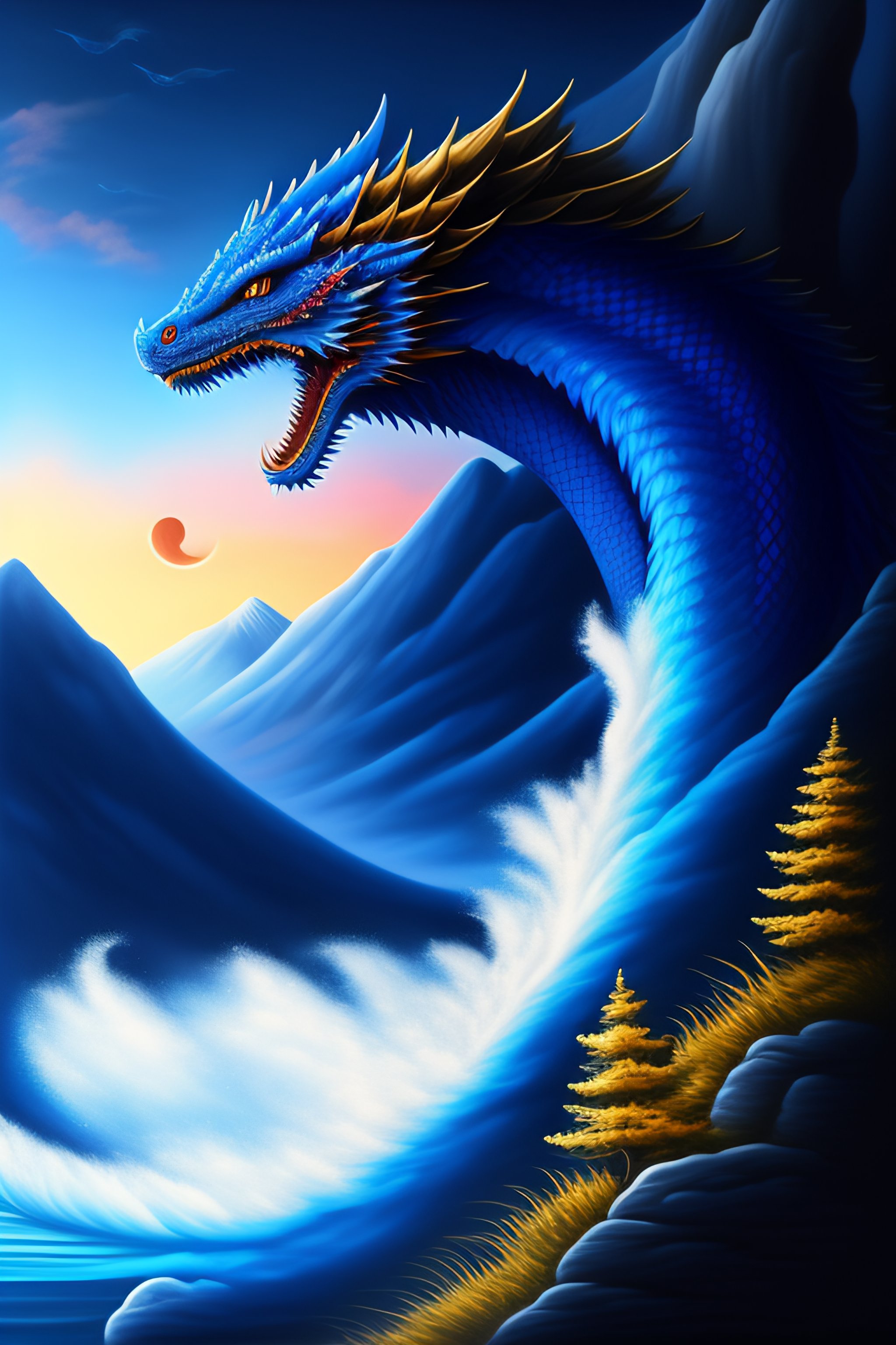 Lexica - Blue dragon soaring through the mountains realistic realism