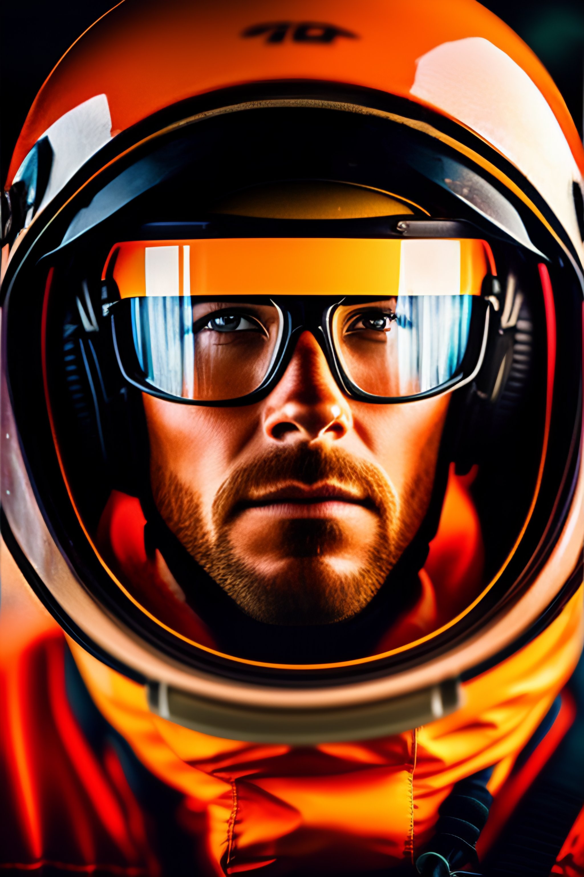 Lexica - Close up of a oil rig worker in a helmet and glasses from above