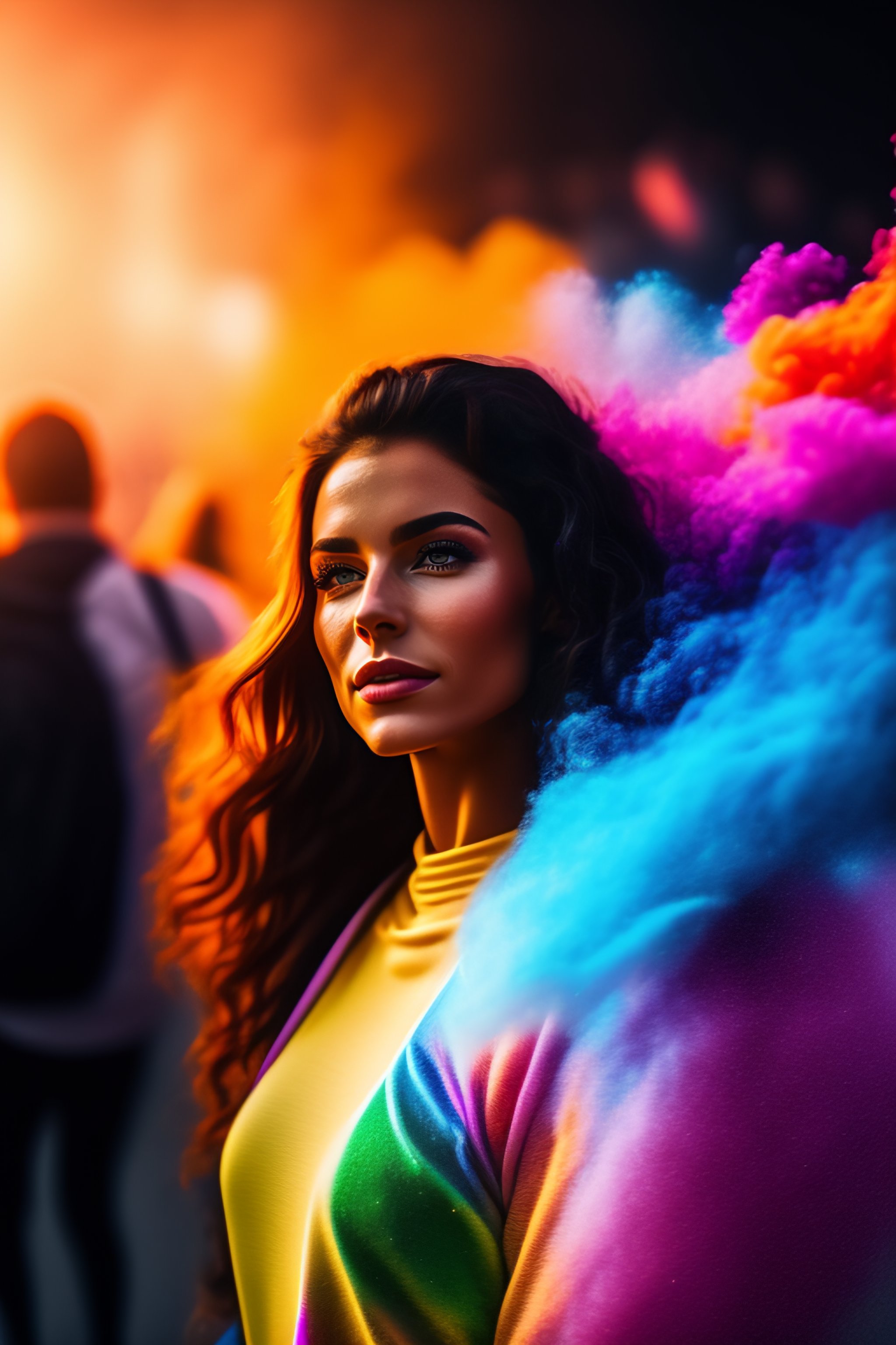Lexica - Portrait of a young woman at a rave throwing colored dust ...